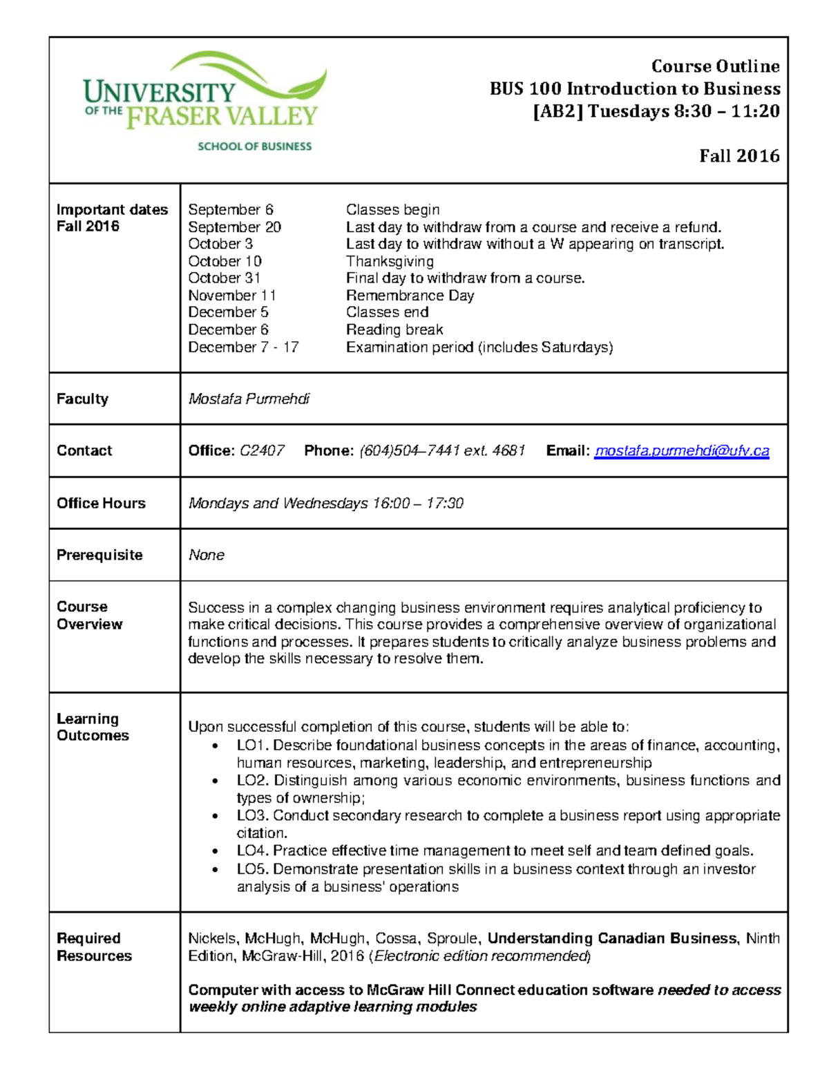 Bus 100 - Outline - This document includes the instructions for the ...
