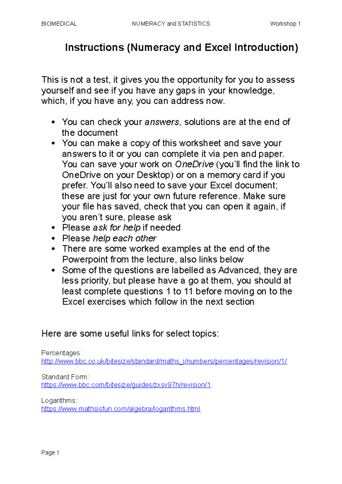 Biomedical Numeracy and Statistics Workshop 1 - Instructions (Numeracy ...