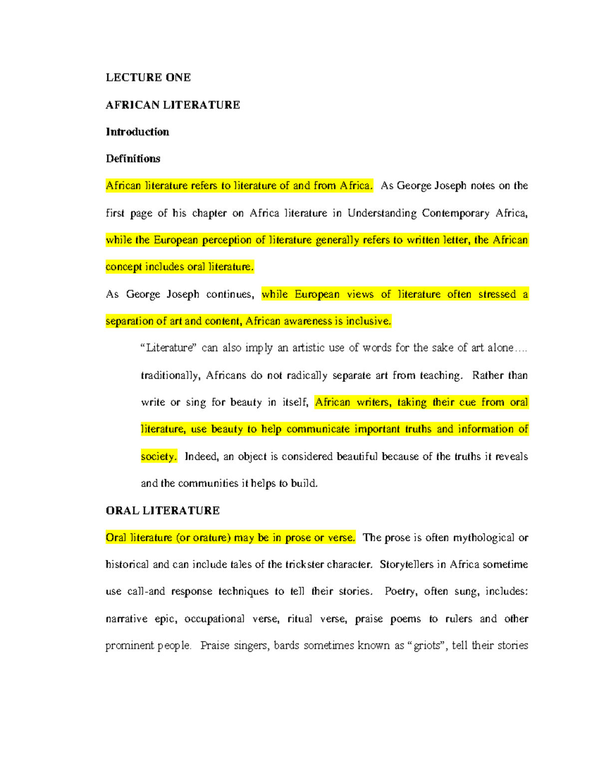 ALT 401-African Lit(Notes)-1-1-1 - LECTURE ONE AFRICAN LITERATURE ...