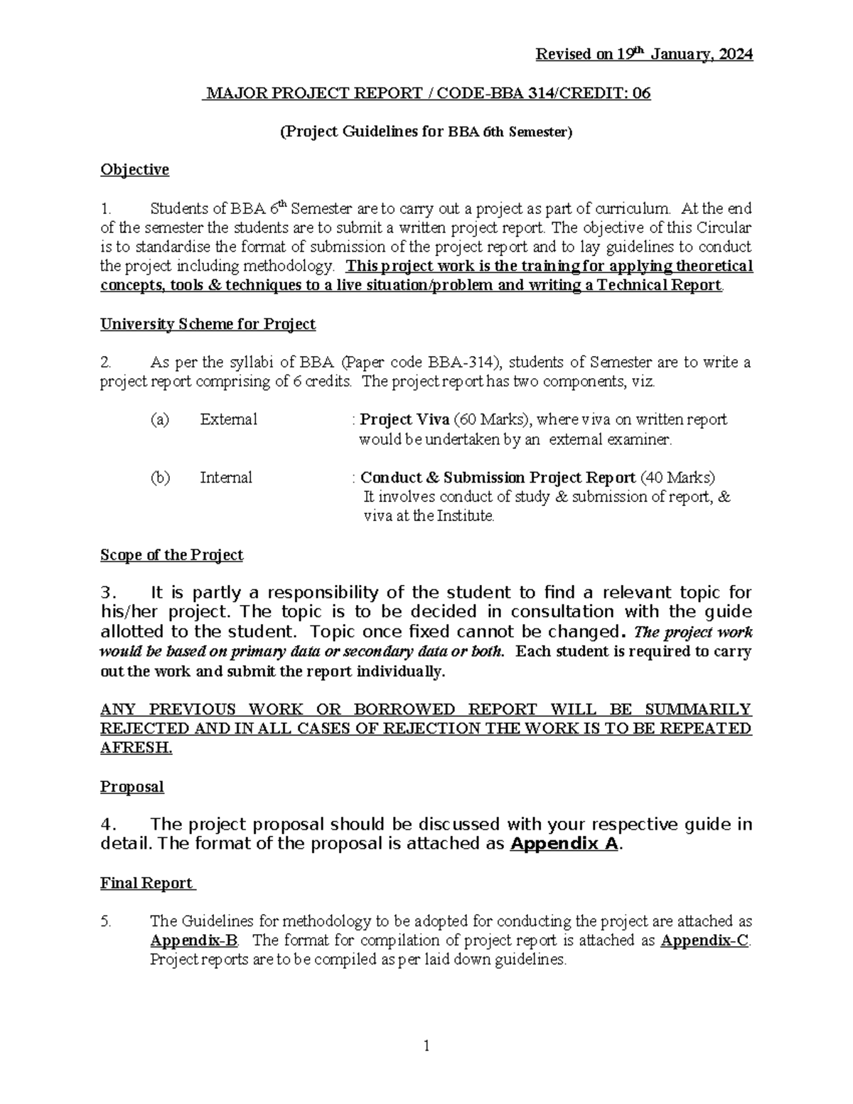 Project Guidelines for 6th Sem - Revised on 19th January, 2024 MAJOR PROJECT REPORT / CODE-BBA ...