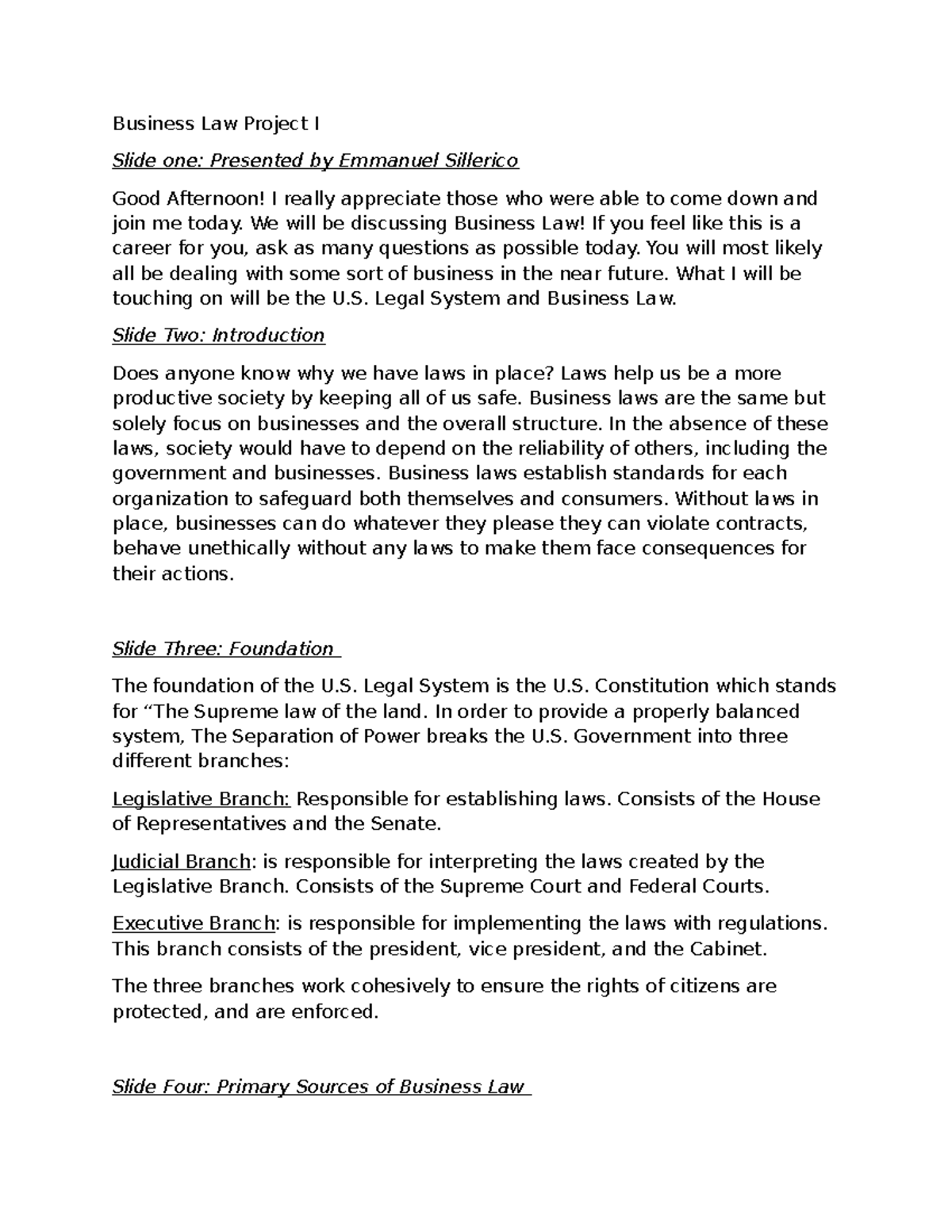 Business Law Project Notes - Business Law Project I Slide one ...
