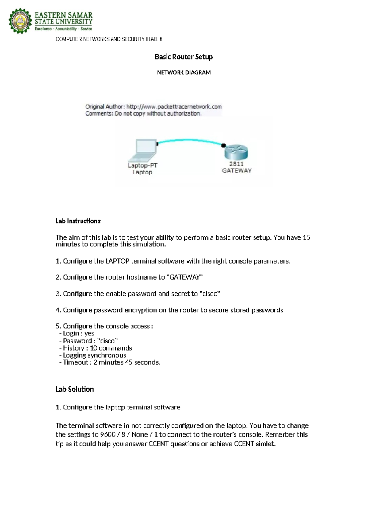 CNS Lab 6 est - its an lab manual - COMPUTER NETWORKS AND SECURITY I LAB. 6 Basic Router Setup ...
