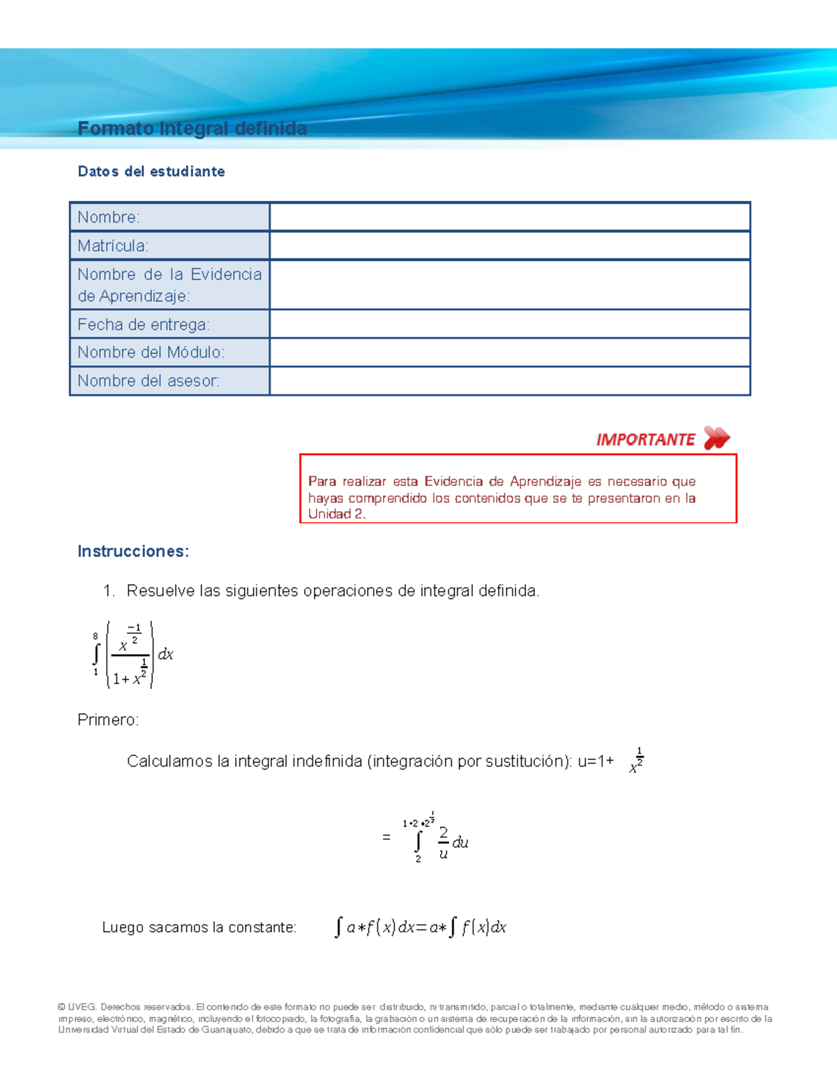Integral Definida trabajo para poder realizar las integrales - Formato ...