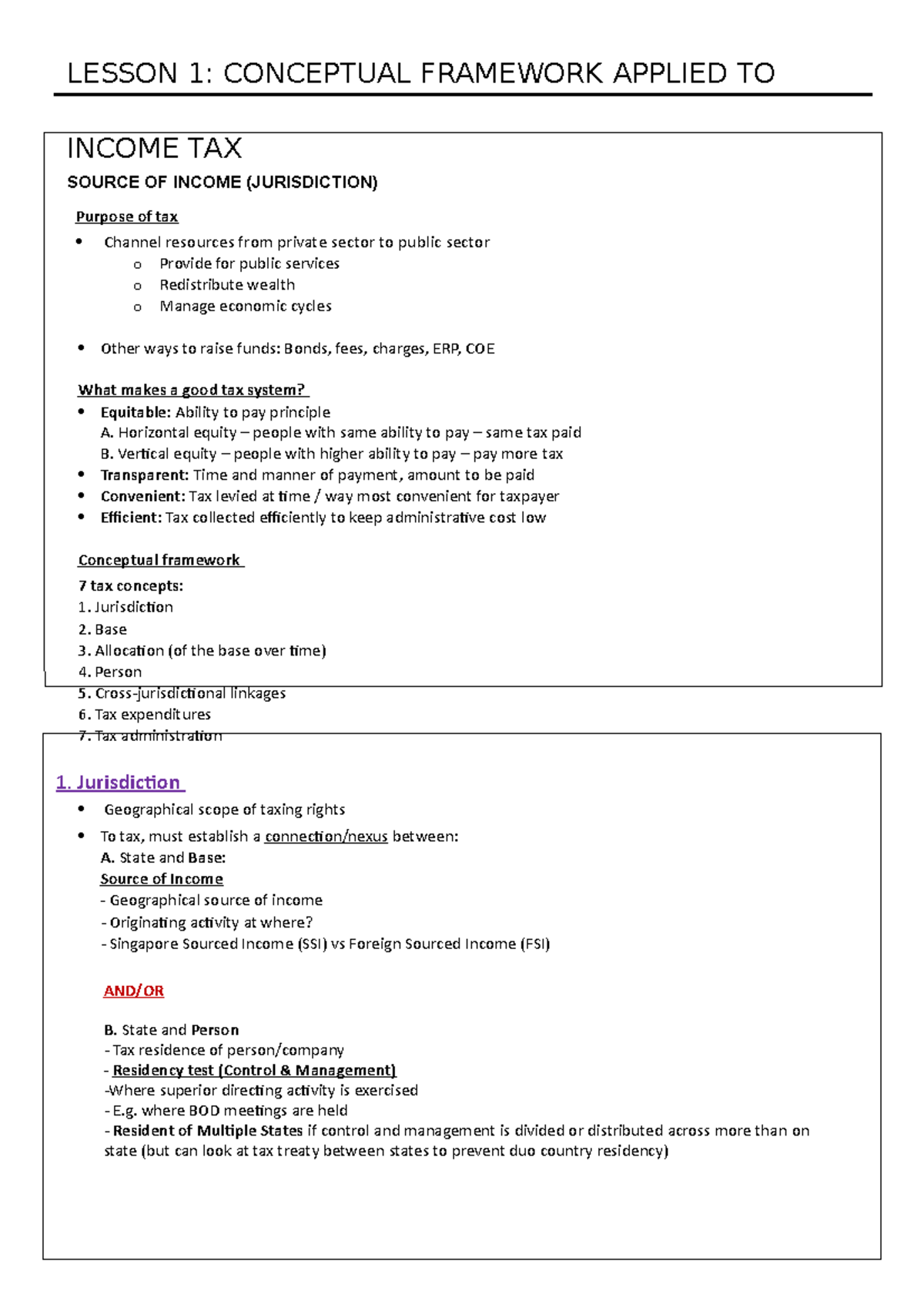 Seminar 1 Tax Notes - LESSON 1: CONCEPTUAL FRAMEWORK APPLIED TO INCOME ...