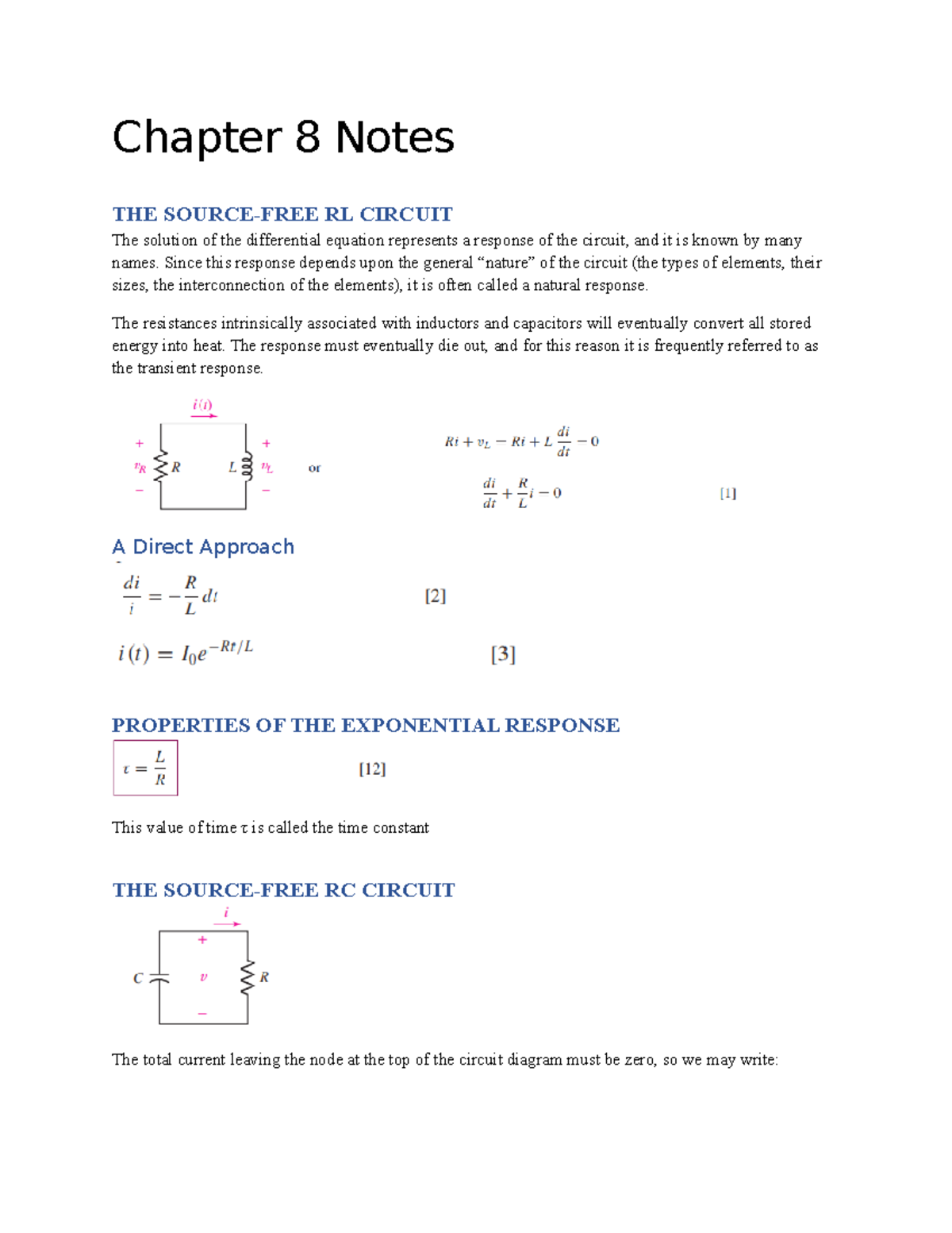 Chapter 8 Notes - Chapter 8 Notes THE SOURCE-FREE RL CIRCUIT The ...