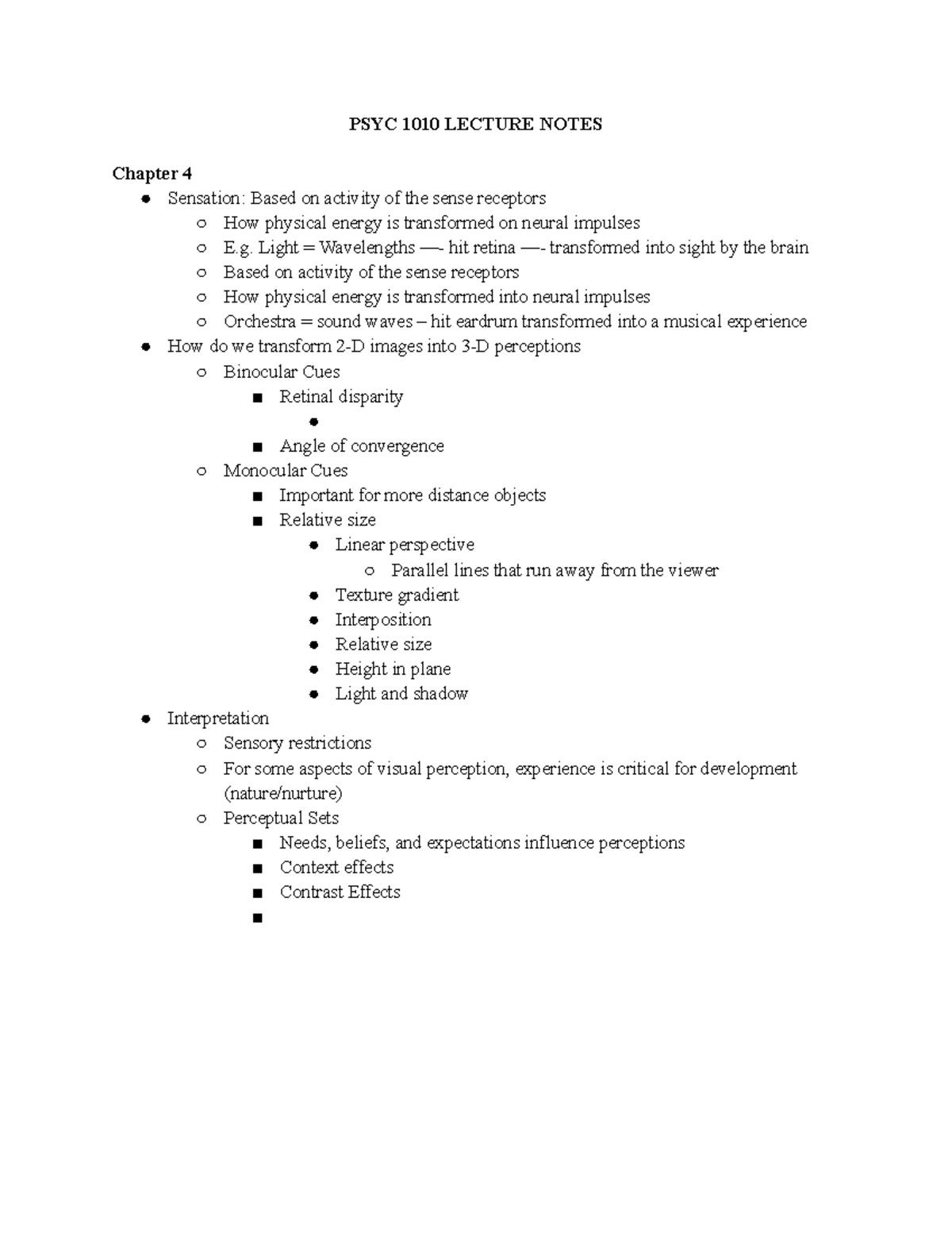 CODINGSTUFF EECS2030 - PSYC 1010 LECTURE NOTES Chapter 4 Sensation ...