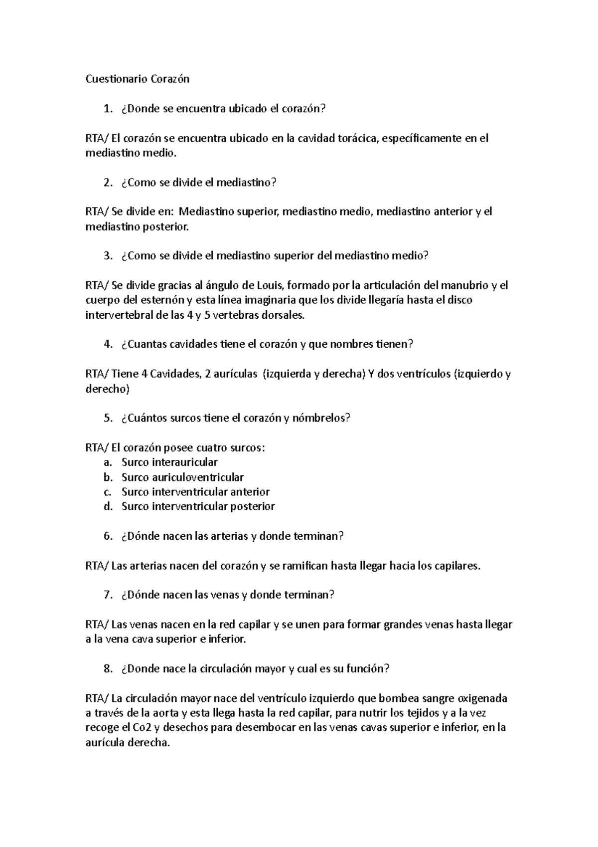 Cuestionario Corazón - Cuesionario Corazón ¿Donde se encuentra ubicado ...