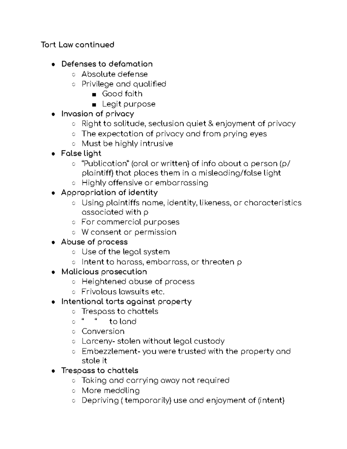 BSLW Notes Tort laws - Tort Law continued Defenses to defamation ...
