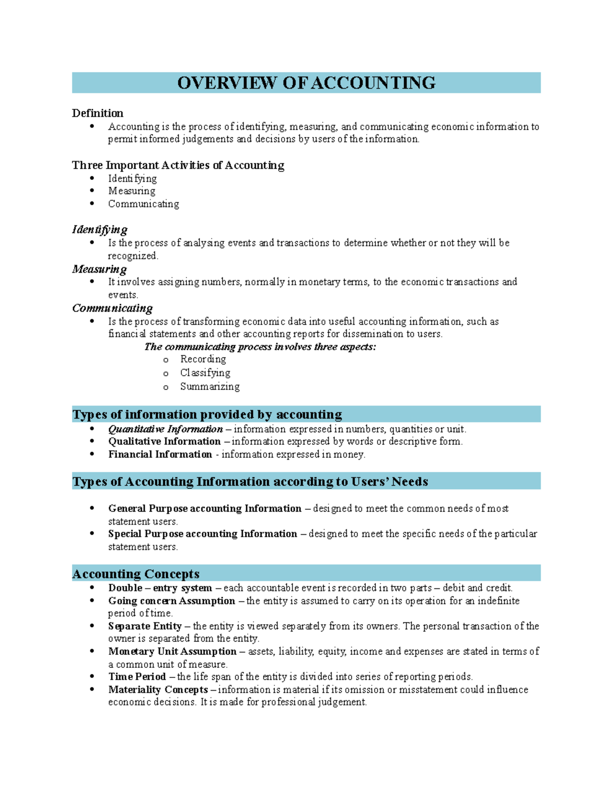 Overview OF Accounting - OVERVIEW OF ACCOUNTING Definition Accounting ...