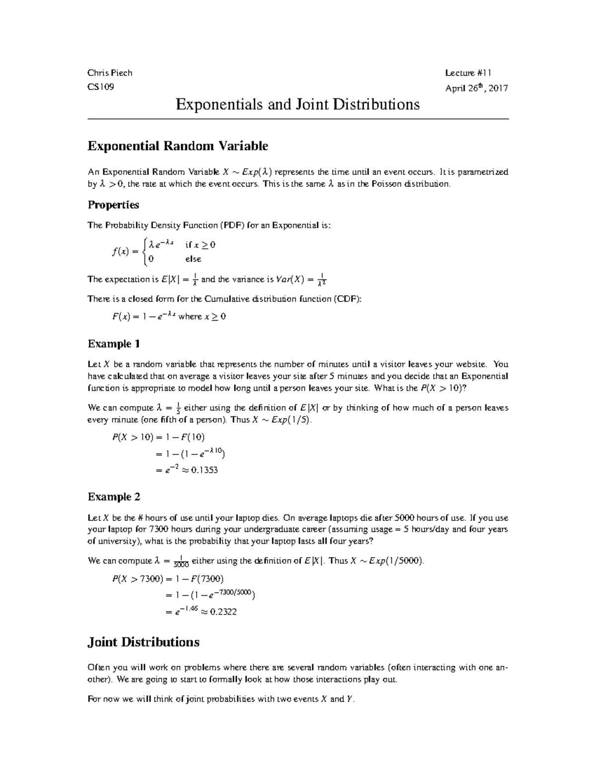 11 Exponential and Joint - Chris Piech CS109 Lecture #11 April 26th , 2017 Exponentials and ...