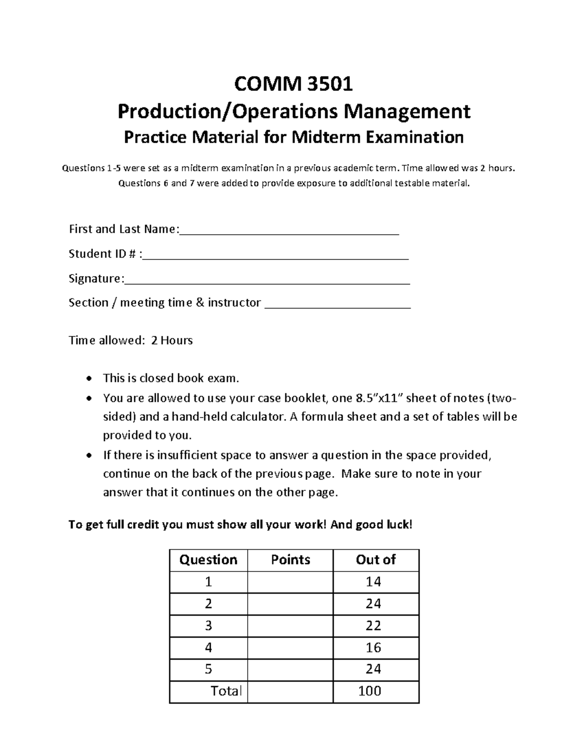 Practice midterm solution 2022 - COMM 3501 Production/Operations Management Practice Material ...