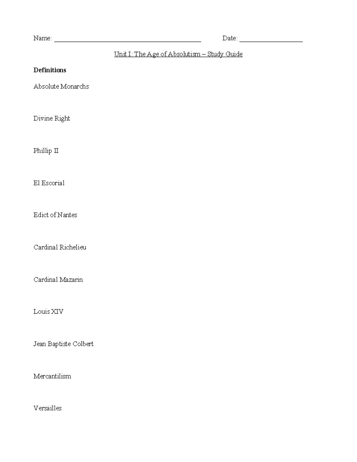 Age of absolutism study guide - Name ...