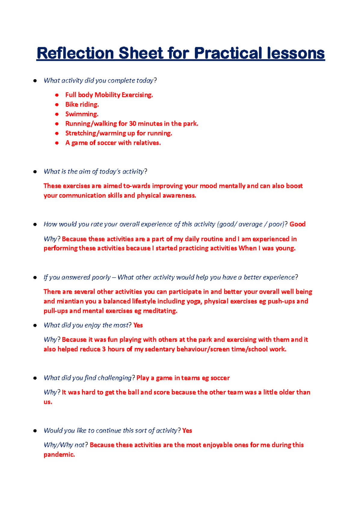 Yanal Alomari - Reflection Sheet for Practical lessons - Reflection ...