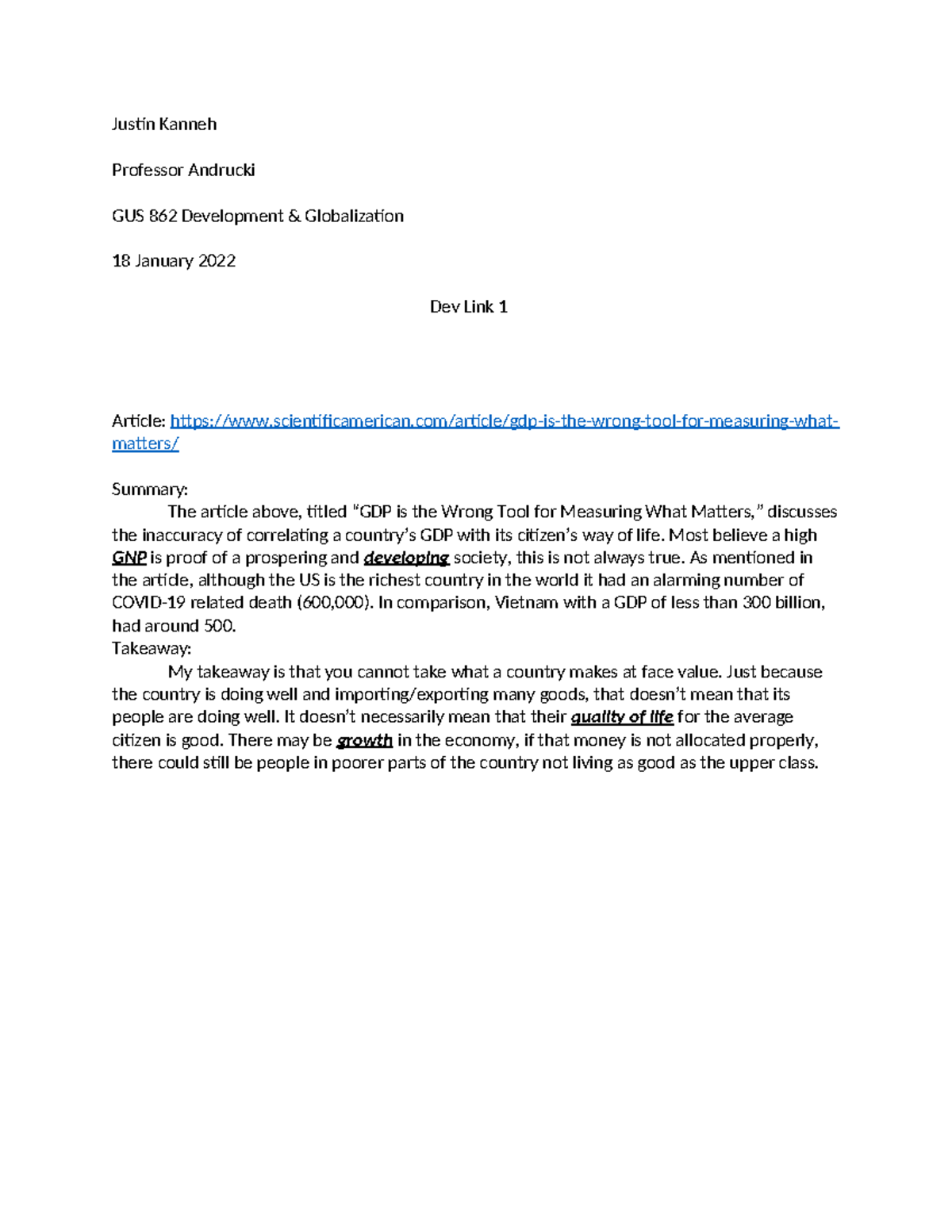 Dev Link 1 - development link 1 - Justin Kanneh Professor Andrucki GUS ...
