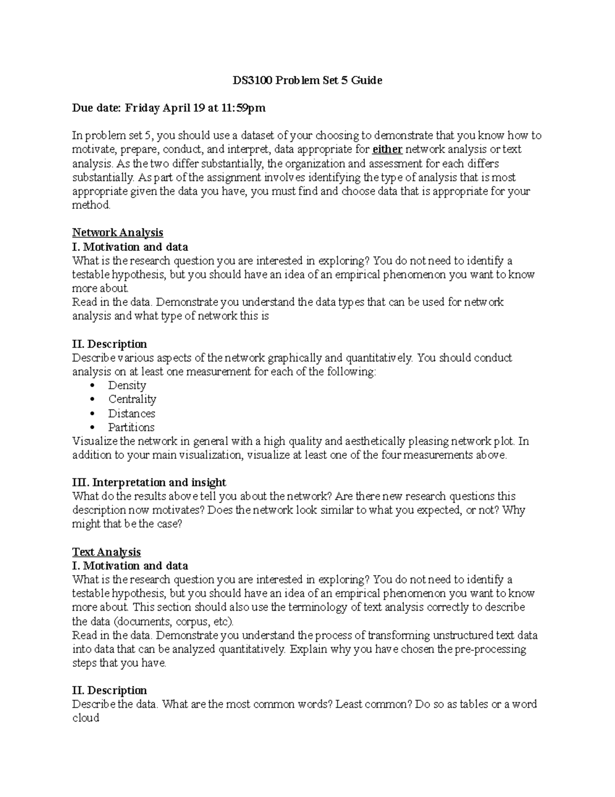 PSet5 Guidelines - DS3100 Problem Set 5 Guide Due date: Friday April 19 at 11:59pm In problem ...