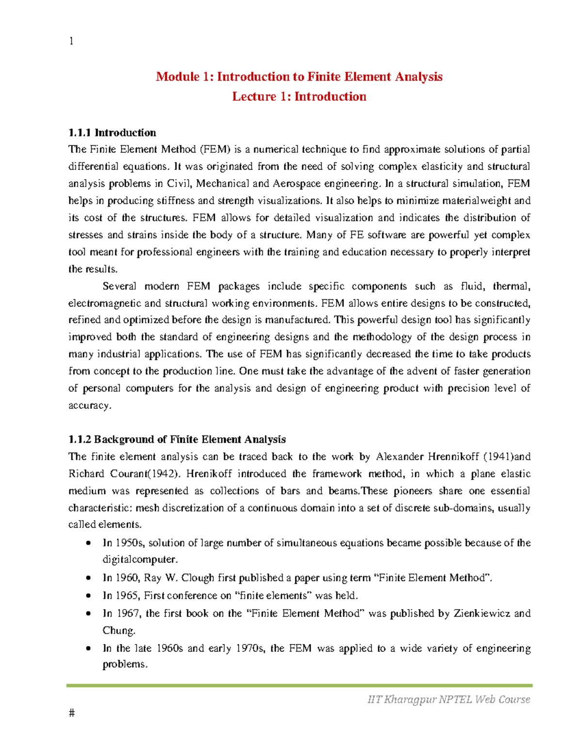 Finete element methods - IIT Kharagpur NPTEL Web Course Module 1 ...