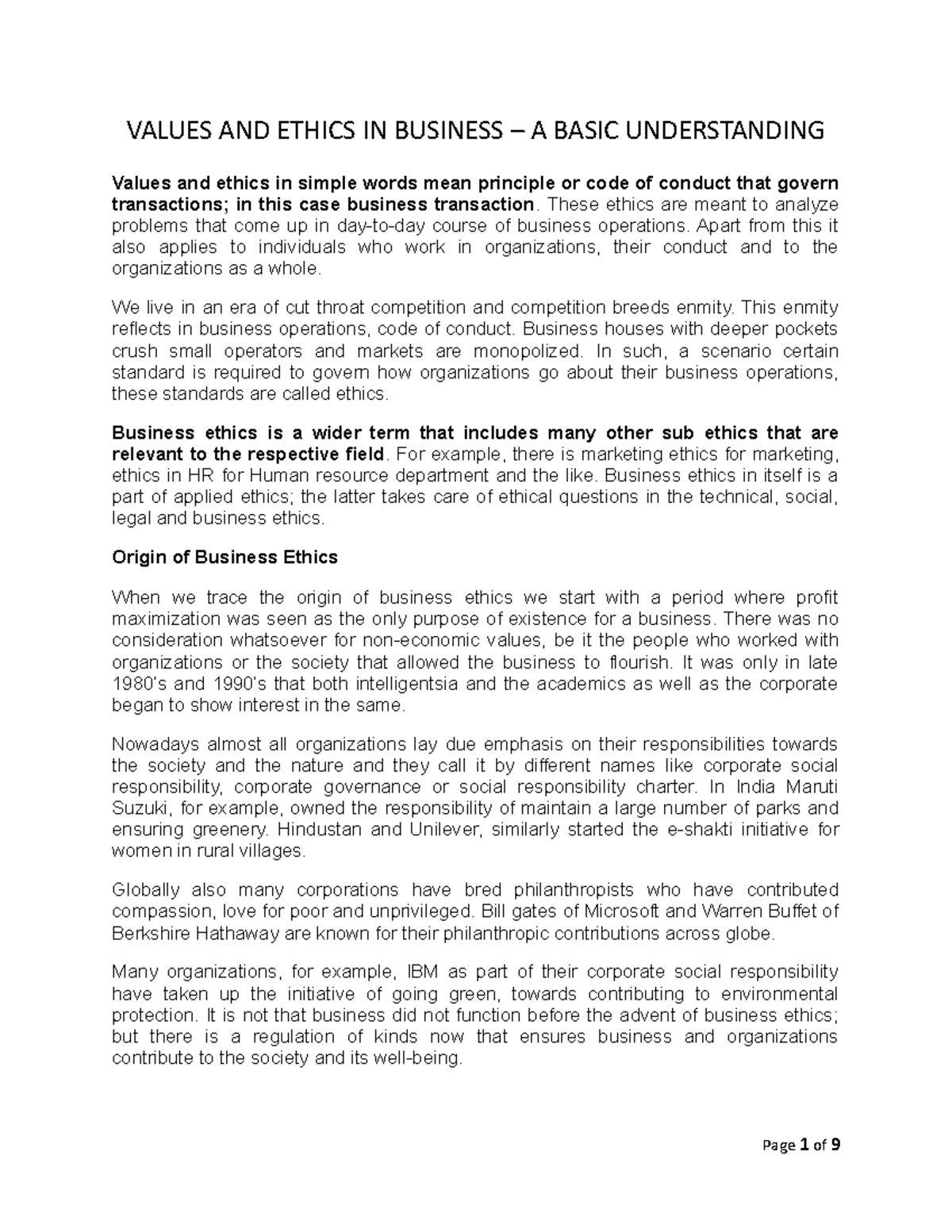Module 1 Values And Ethics In Business VALUES AND ETHICS IN BUSINESS