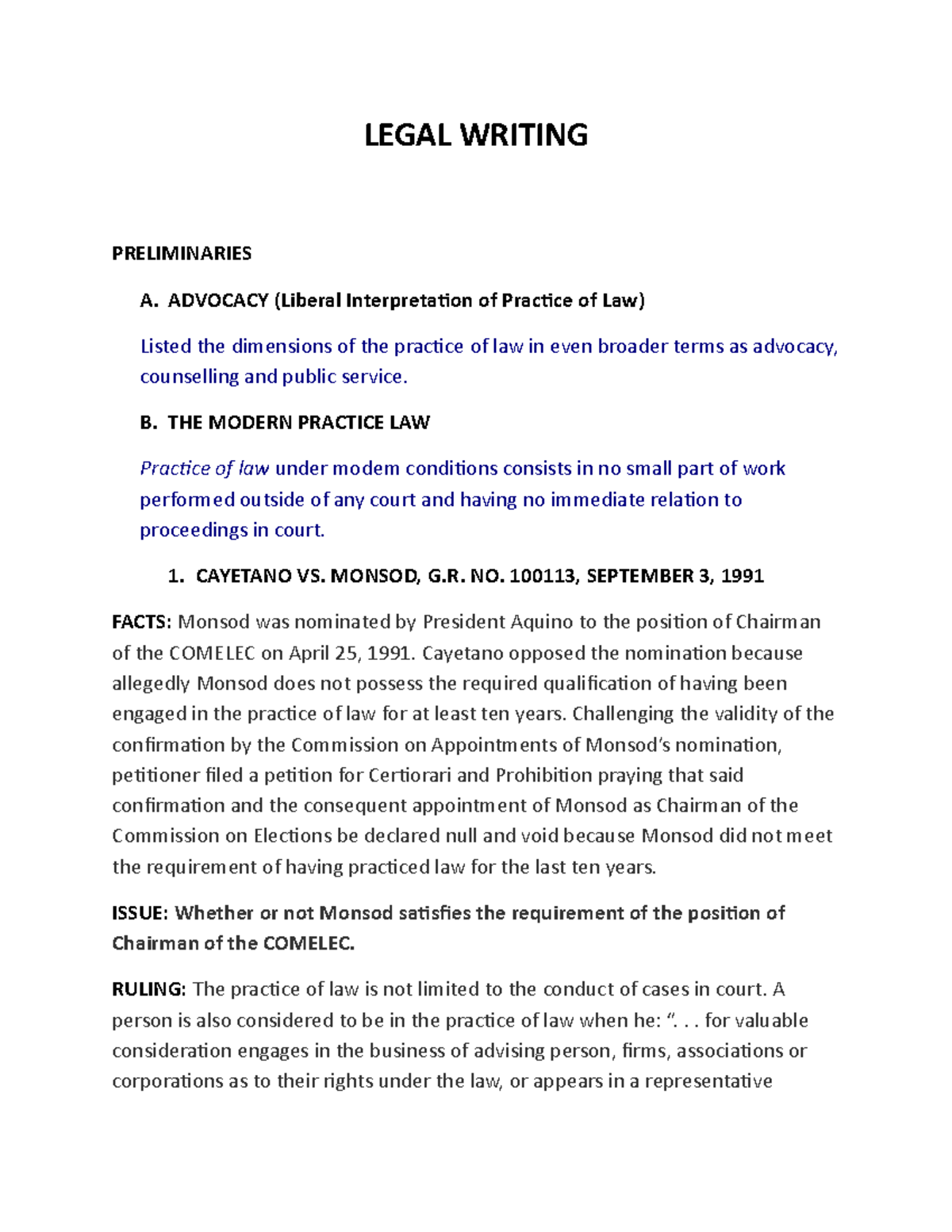 Legal Writing - lecture notes - LEGAL WRITING PRELIMINARIES A. ADVOCACY ...