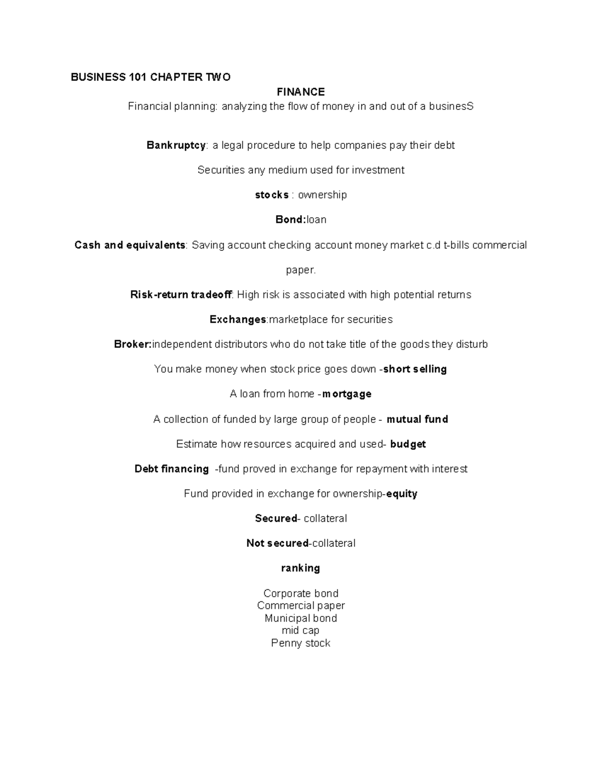 Business 101 Chapter TWO - BUSINESS 101 CHAPTER TWO FINANCE Financial ...