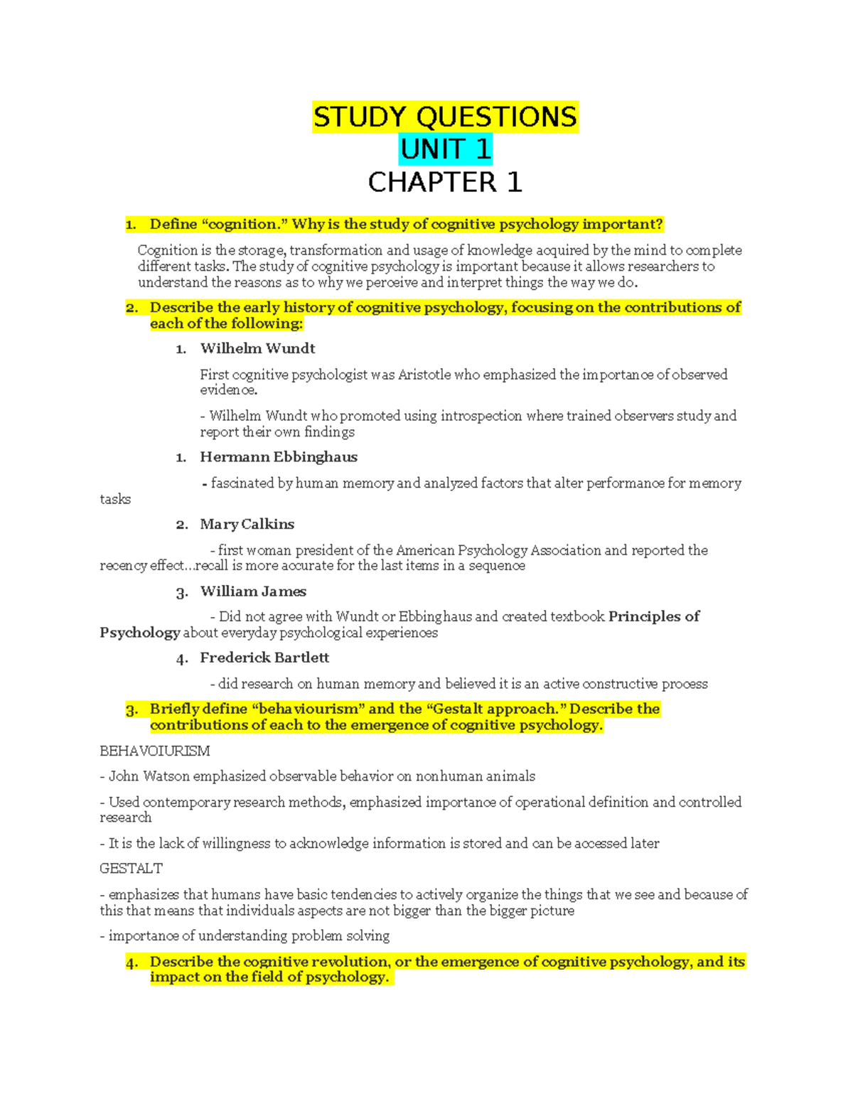 IPAD COG PSYC Study Questions copy - STUDY QUESTIONS UNIT 1 CHAPTER 1 ...