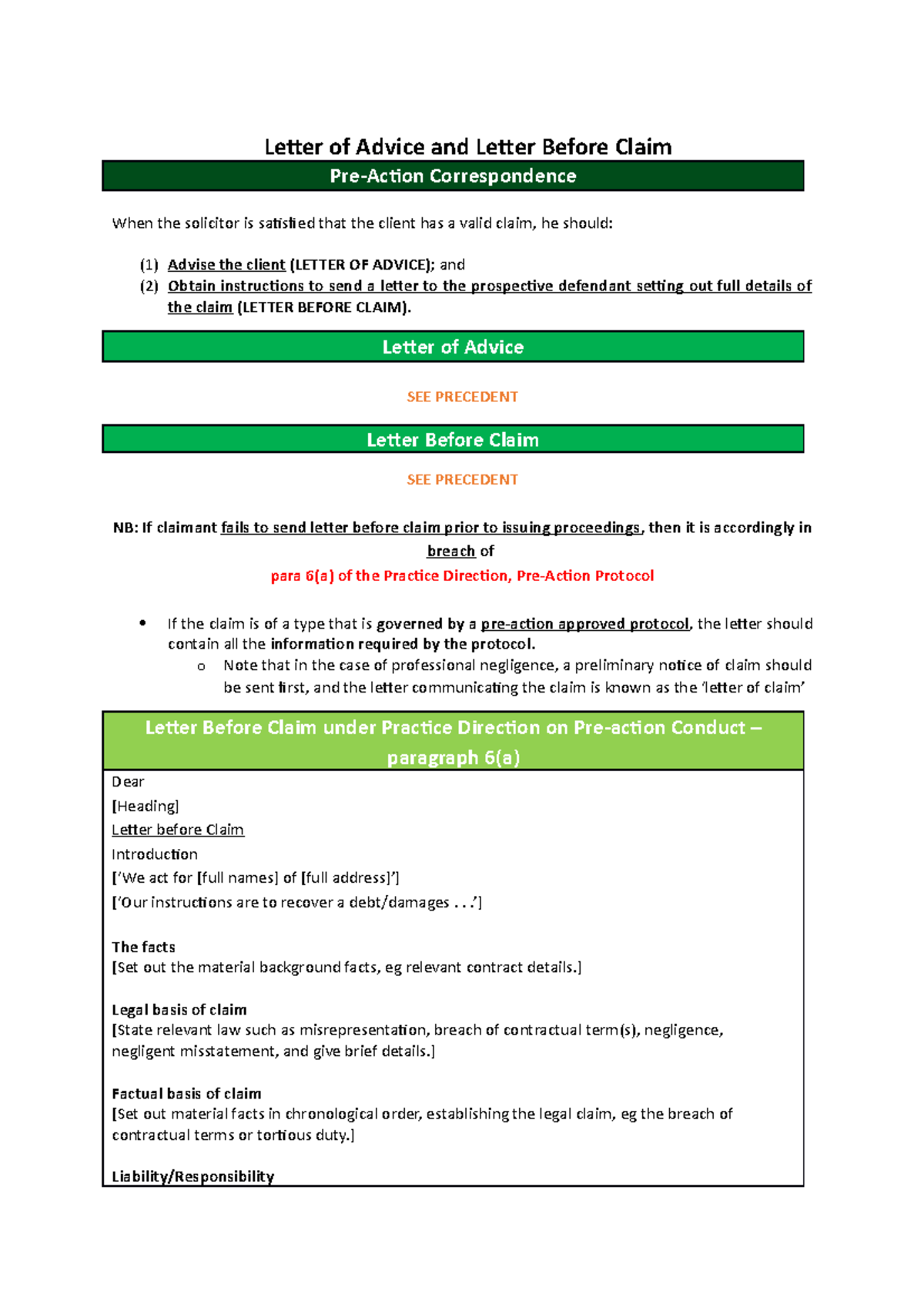 W2 DR- Letter of Advice and Letter Before Claim - Letter of Advice and ...