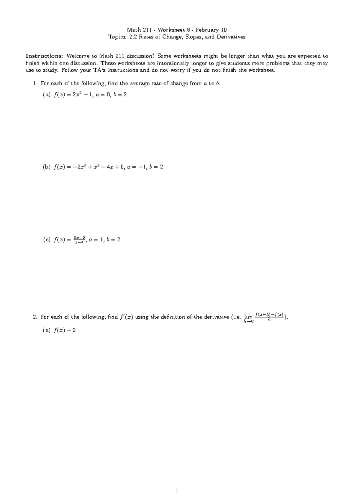Worksheet 6 - Math 211 - Worksheet 6 - February 10 Topics: 2 Rates of ...