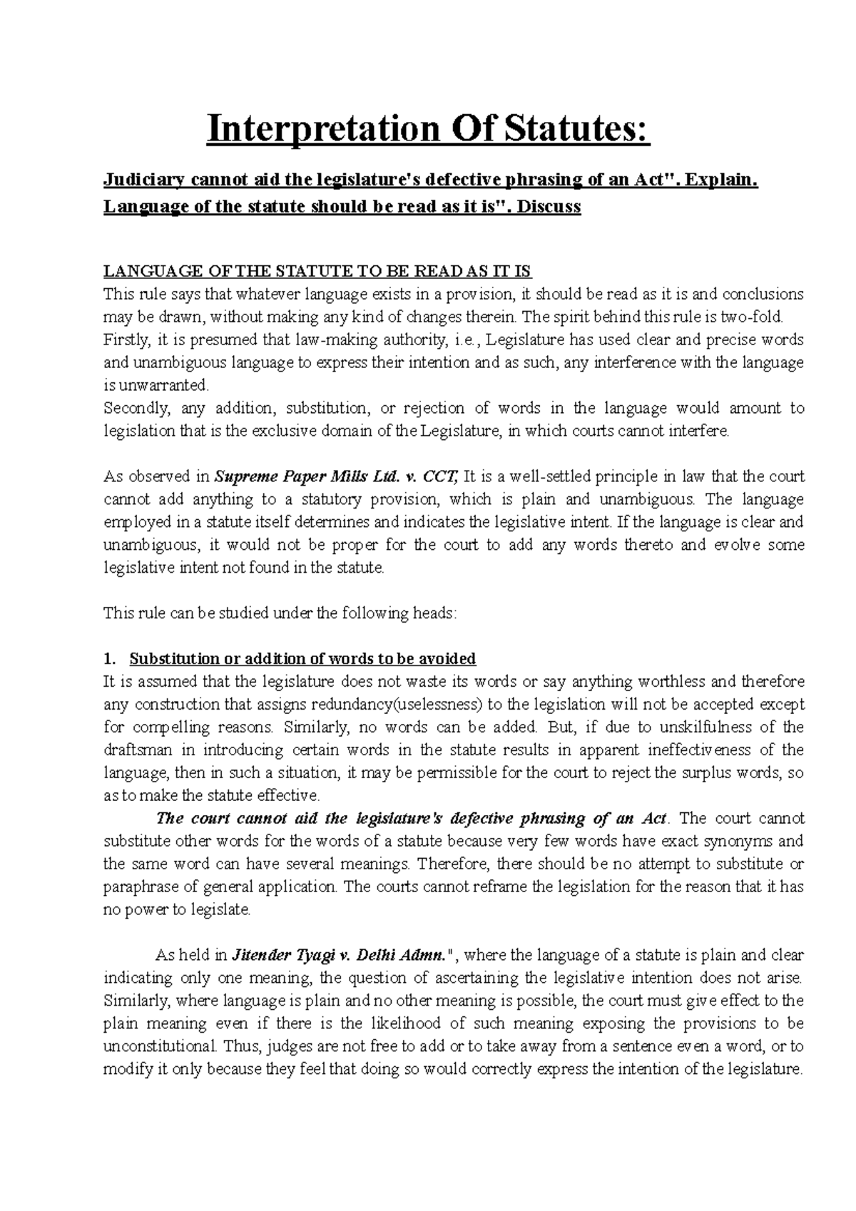 Interpretation Of Statutes notes 3 - Interpretation Of Statutes ...