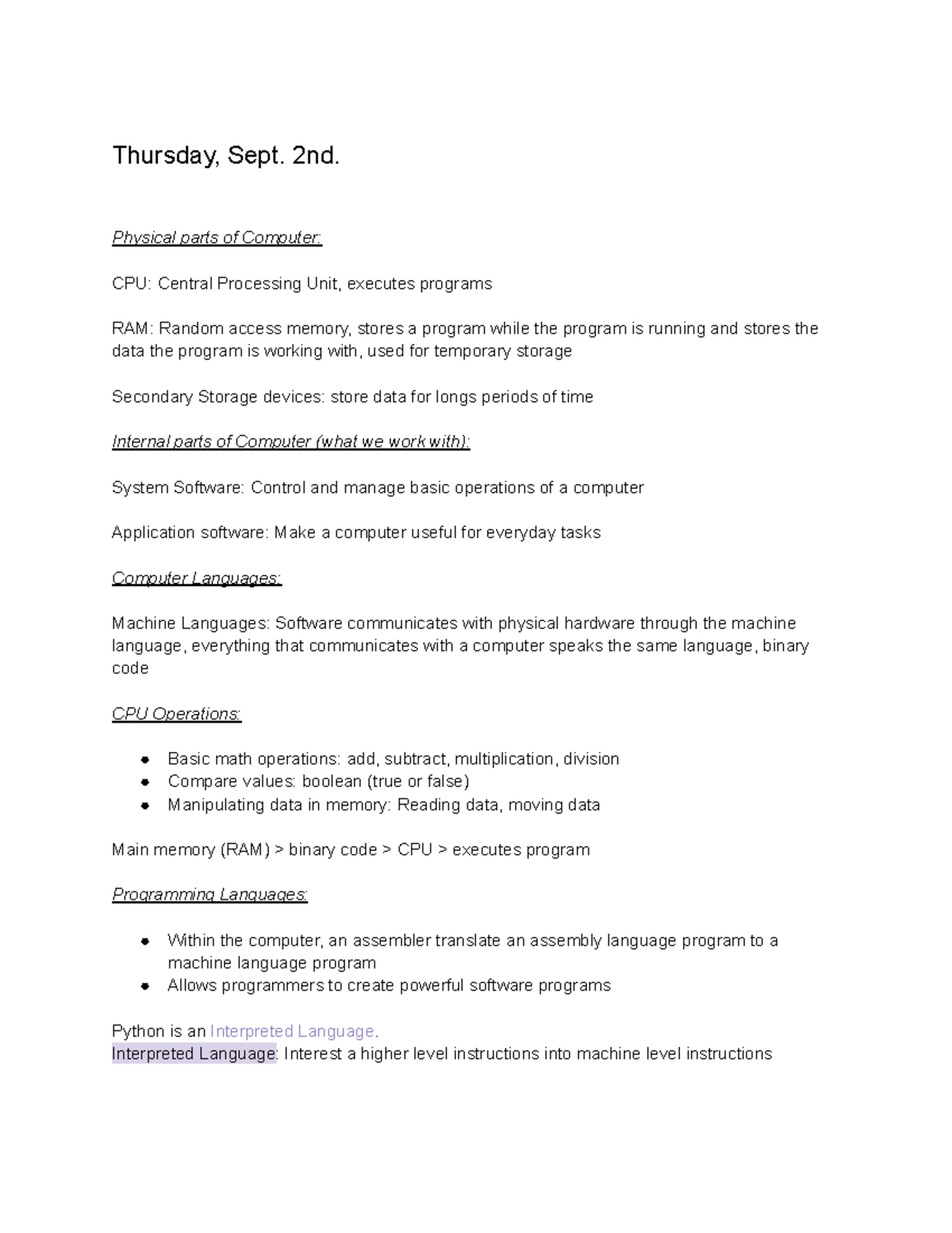 CS Notes Week 1 - Prof Arias - Thursday, Sept. 2nd. Physical parts of ...