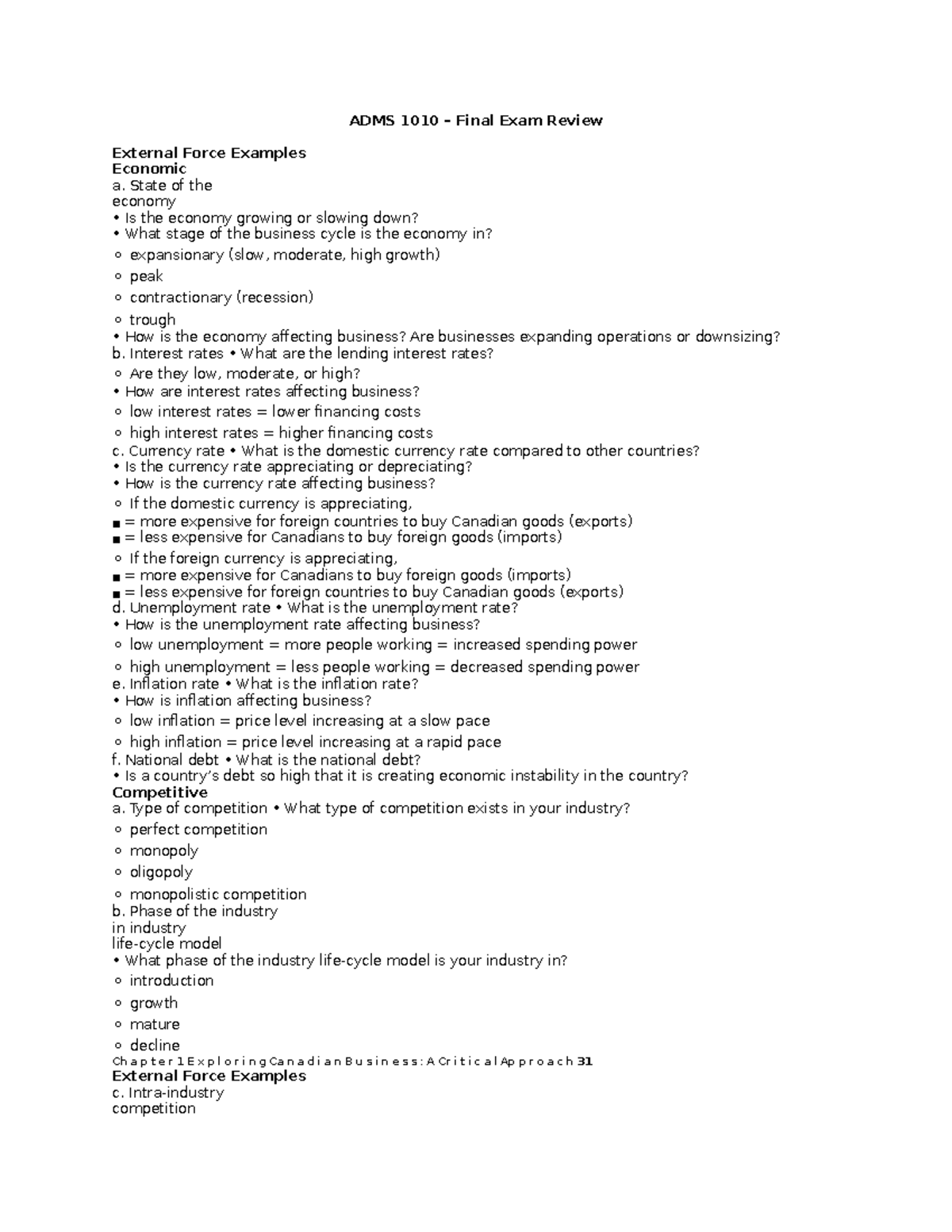 Final Exam overview - ADMS 1010 Final Exam Review External Force ...