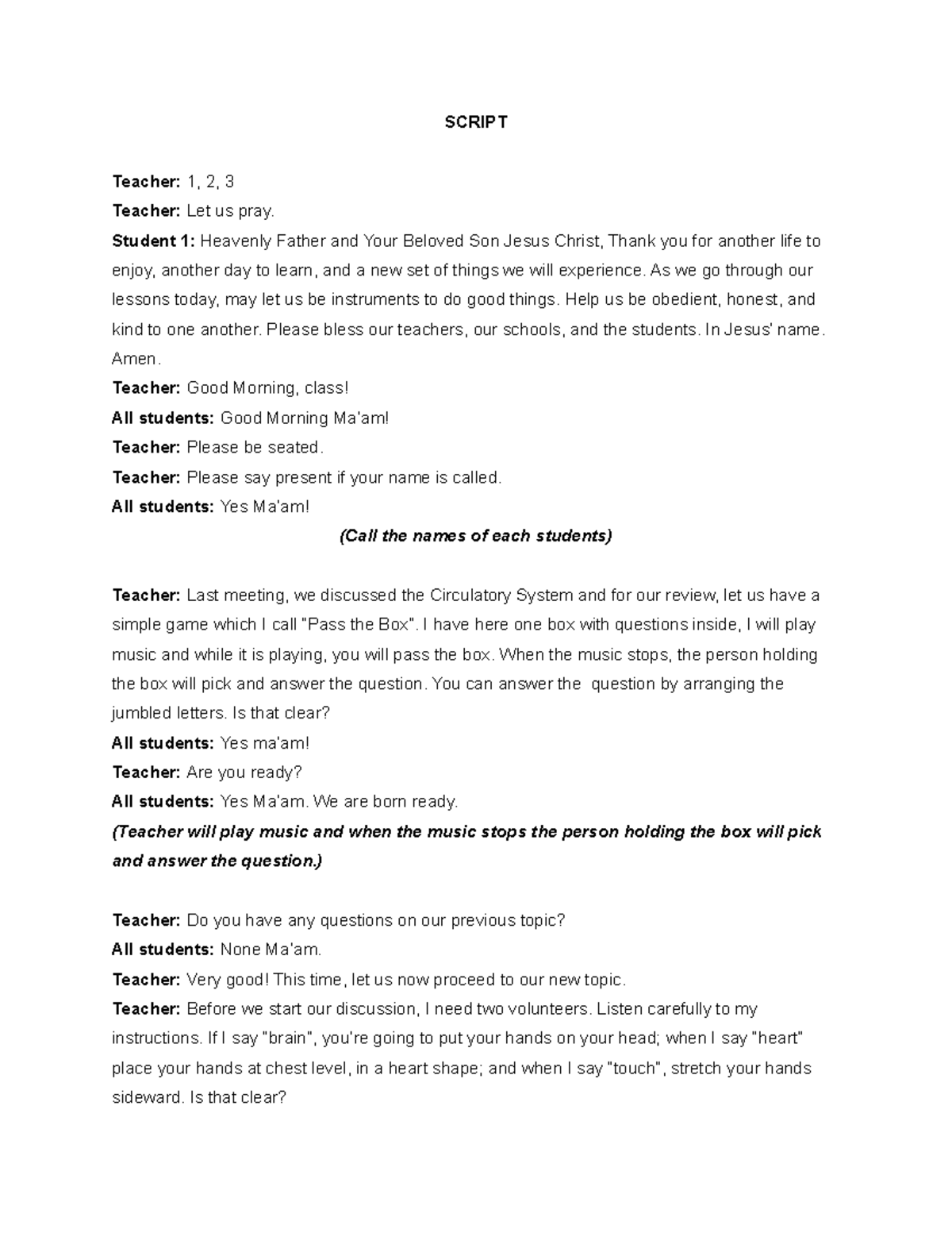 Script - accounnting - SCRIPT Teacher: 1, 2, 3 Teacher: Let us pray ...