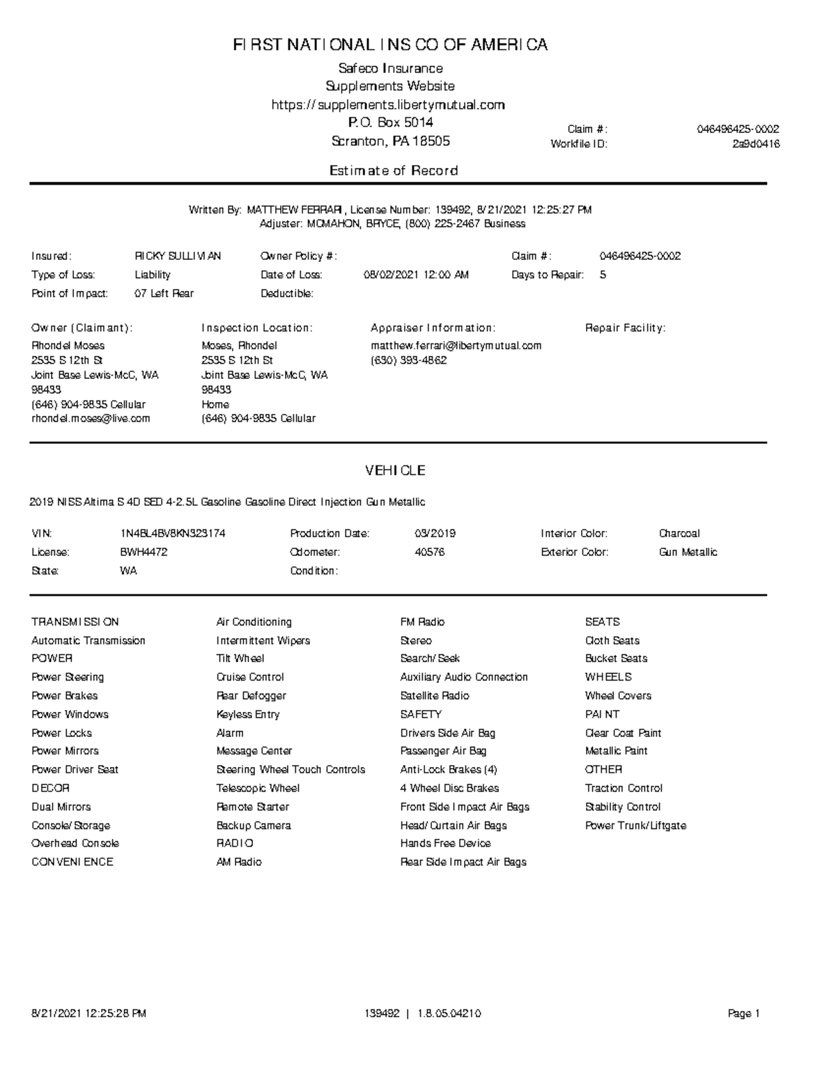 Estimate E01 - Hah - FIRST NATIONAL INS CO OF AMERICA Safeco Insurance ...