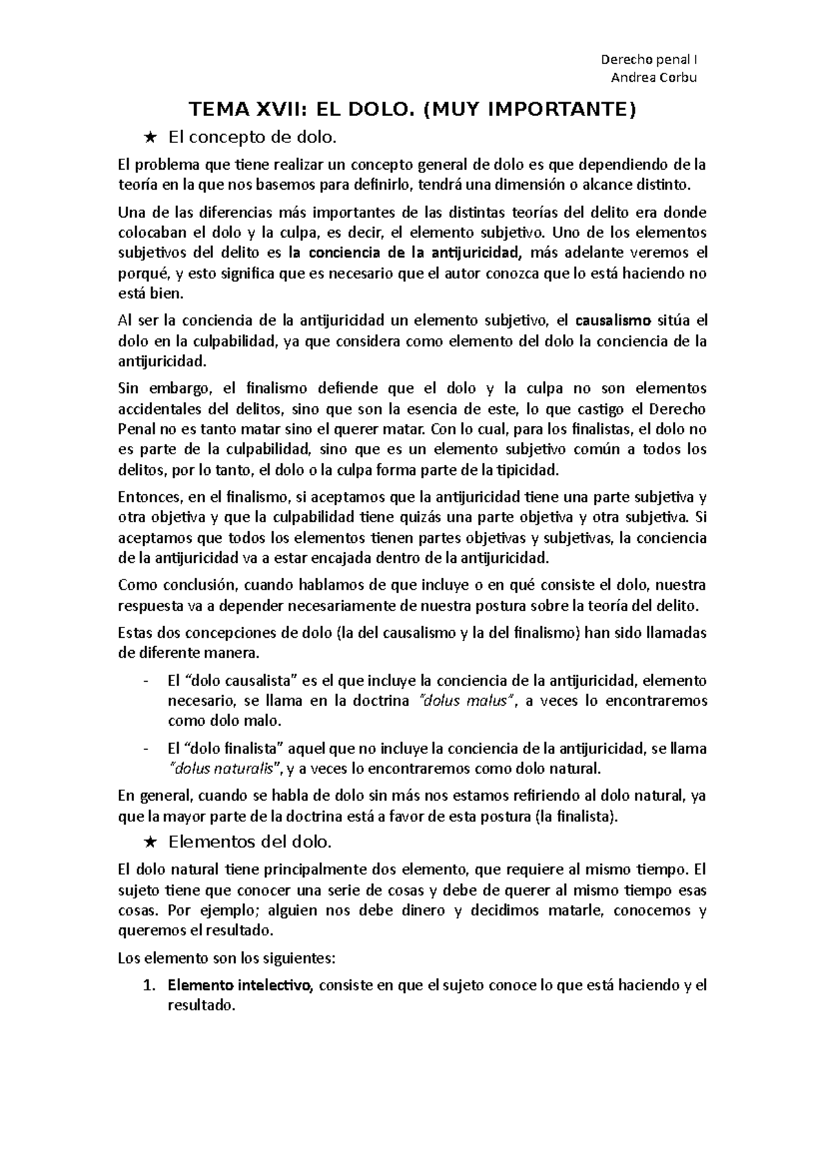 TEMA XVII EL DOLO (MUY Importante) - Andrea Corbu TEMA XVII: EL DOLO ...
