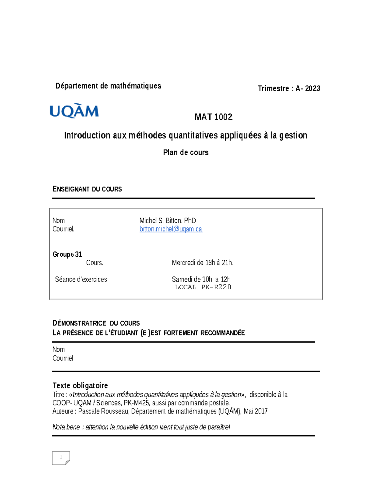 Plan de cours mat1002 année 2023 - Département de mathématiques Trimestre : A- 2023 MAT 1002 ...