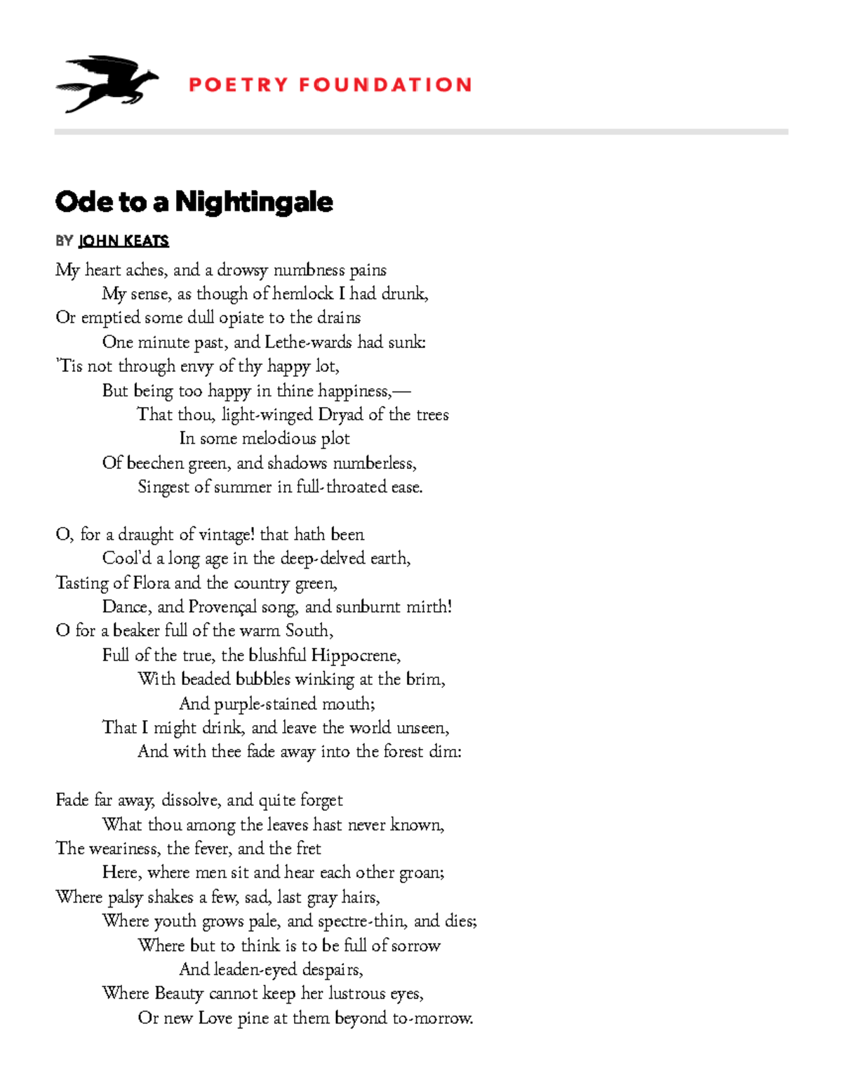 Ode to a Nightingale by John Keats Poetry Foundation - Ode to a ...