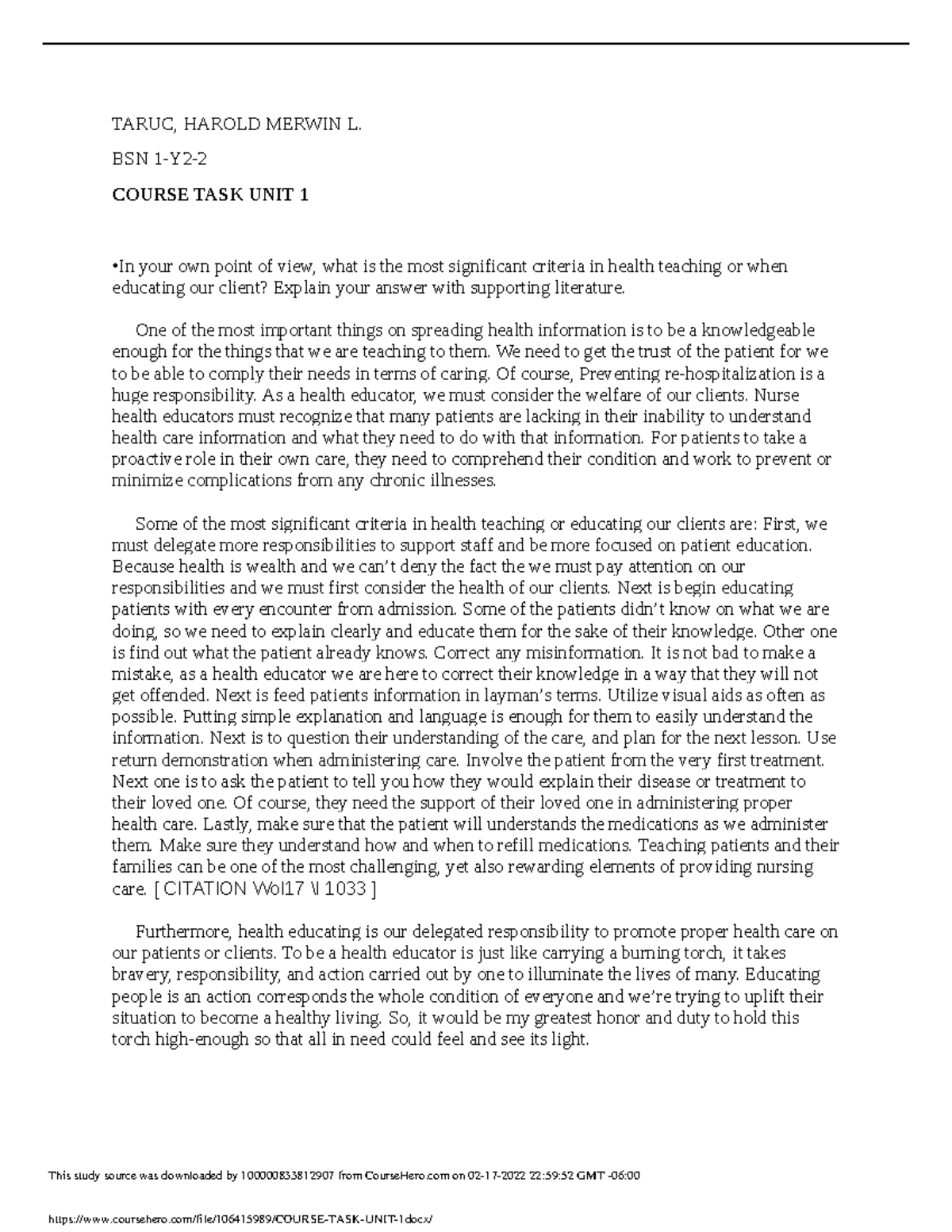 Course TASK UNIT 1 - Activity - TARUC, HAROLD MERWIN L. BSN 1-Y2- COURSE TASK UNIT 1 •In your ...