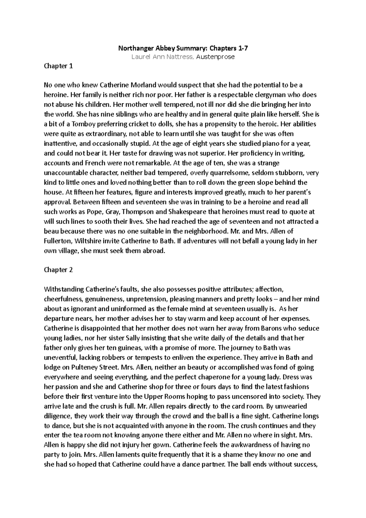 Northanger Abbey Summary Chapters 1-7 - Nationalism - Northanger Abbey ...