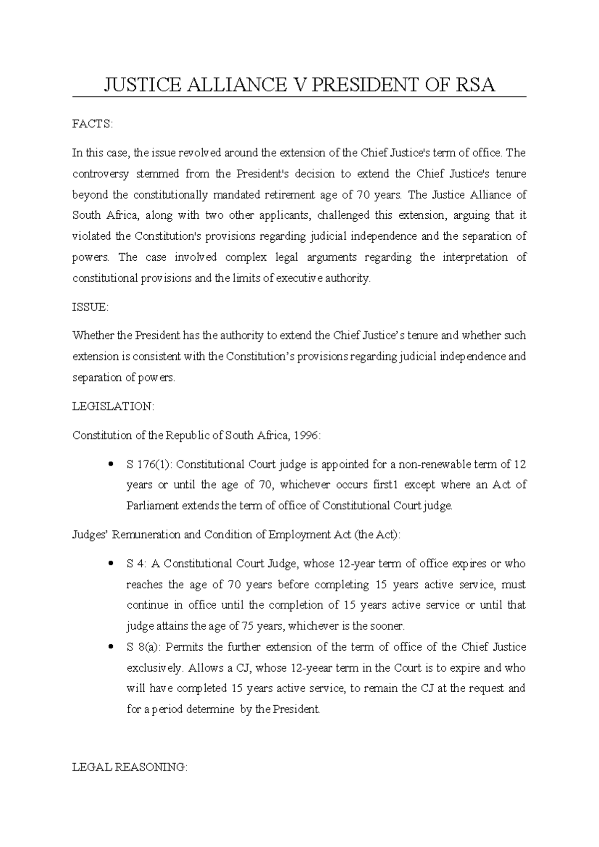 Justice Alliance Case Summary - JUSTICE ALLIANCE V PRESIDENT OF RSA ...
