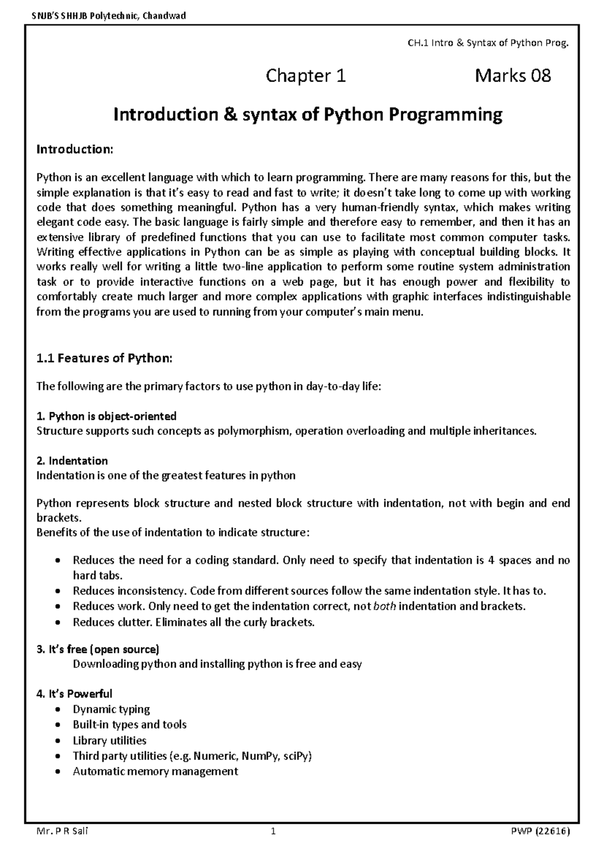 Unit1 kasbdjkfdjaskj - CH Intro & Syntax of Python Prog. Chapter 1 Marks 08 Introduction & - Studocu