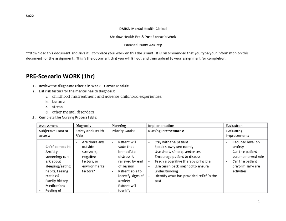 Anxiety Pre and Post Work-2-1 - DABSN Mental Health Clinical Shadow ...
