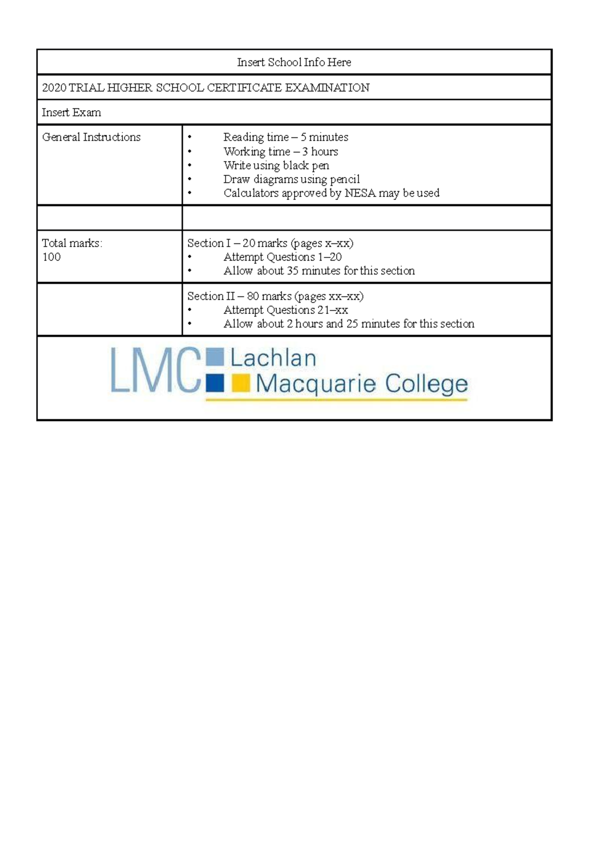 Trial HSC Investigating Science Exam 2020 LMC - Insert School Info Here ...