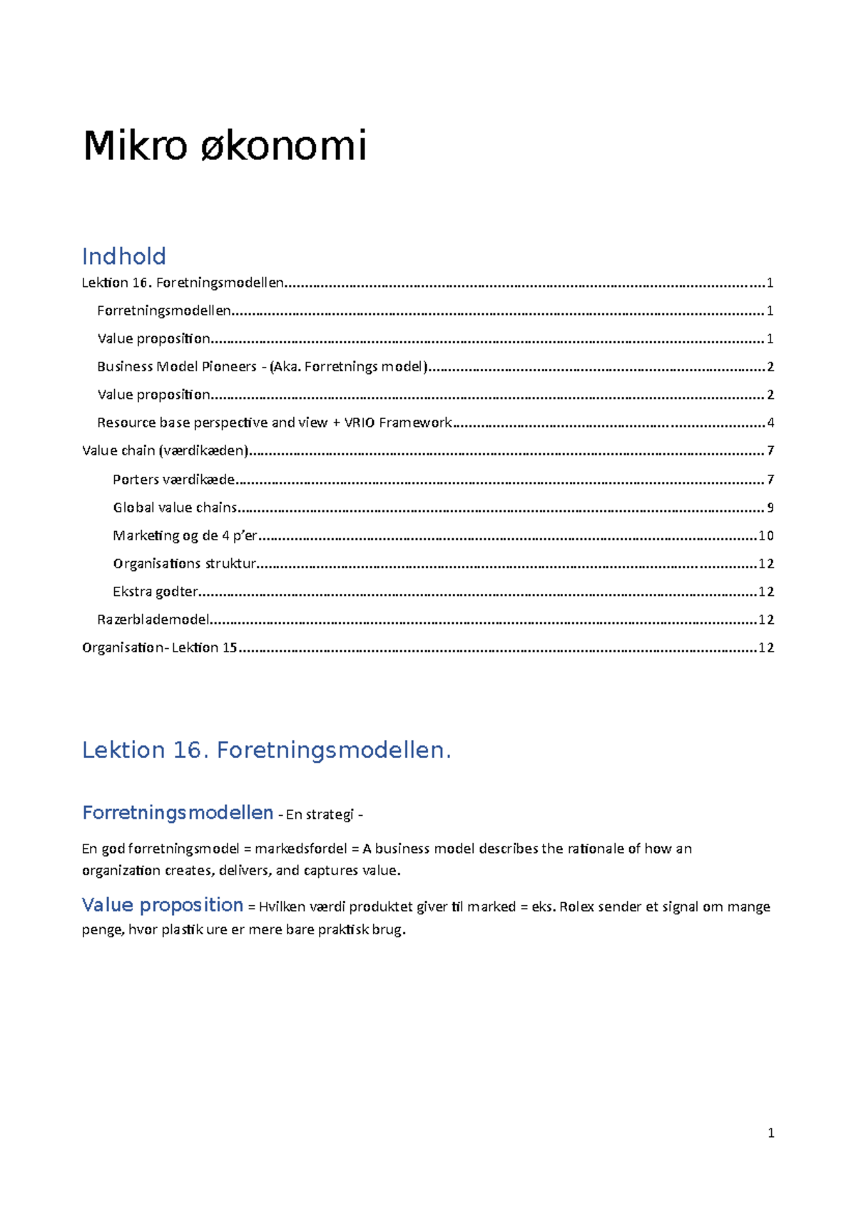 Noter til mikroøkonomi, forretningsmodeller, valuechain ...