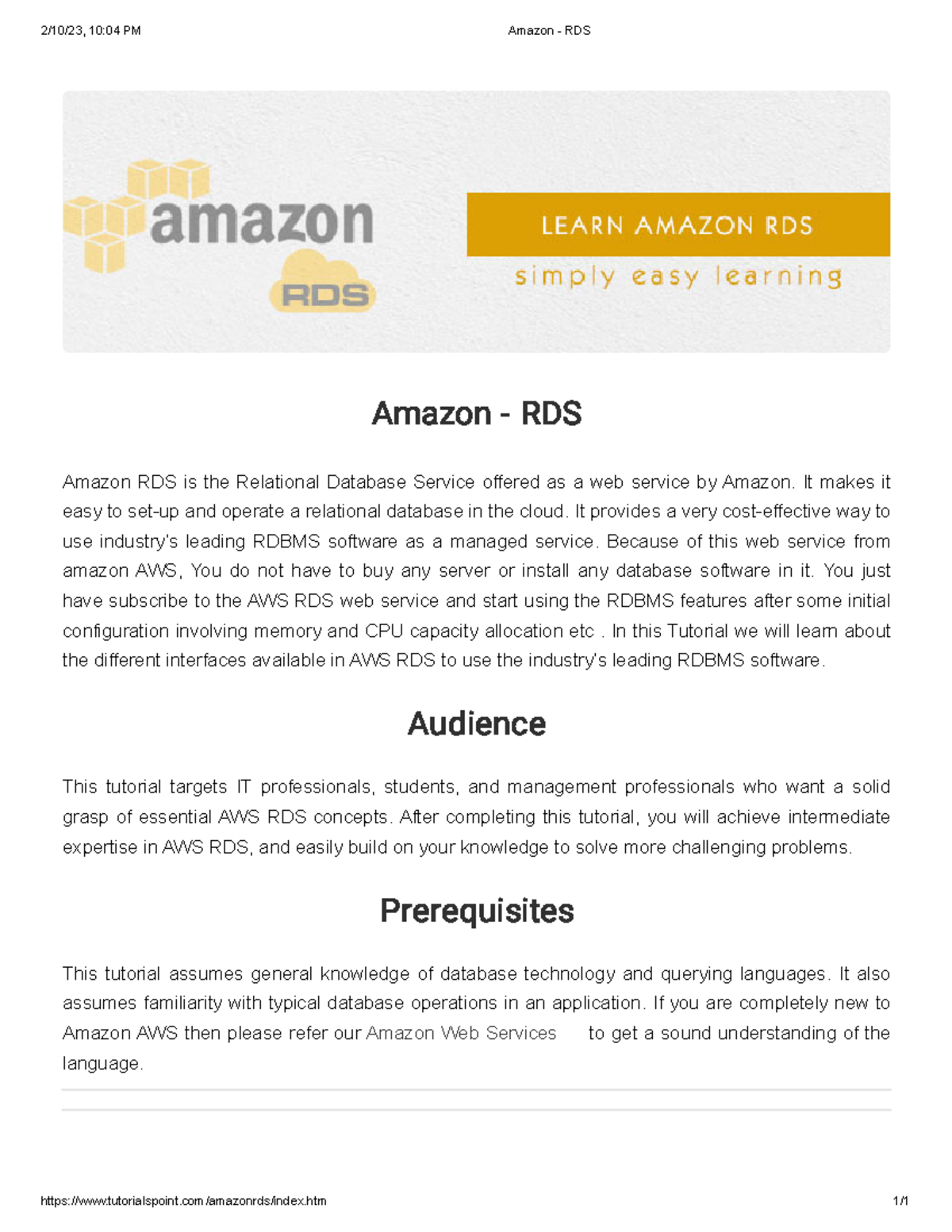 Amazon - RDS - 2/10/23, 10:04 PM Amazon - RDS tutorialspoint/amazonrds ...