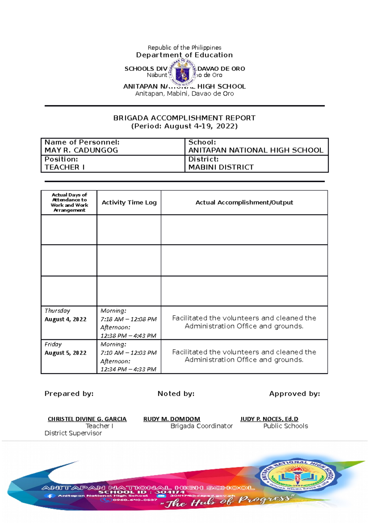 Brigada Accomplishment Report - Republic of the Philippines Department ...