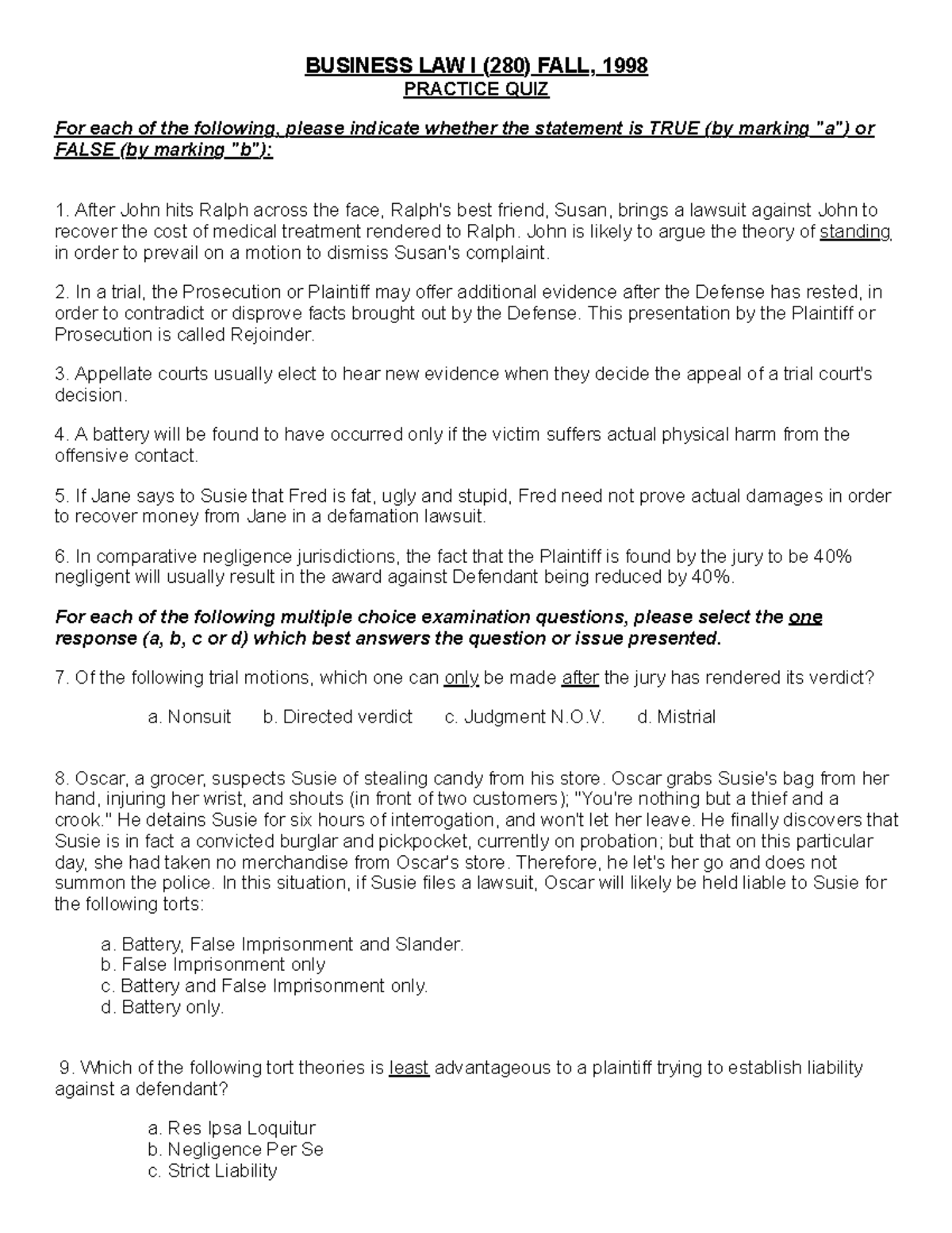 Business LAW I Practice Quiz 1 - BUSINESS LAW I (280) FALL, 1998 ...