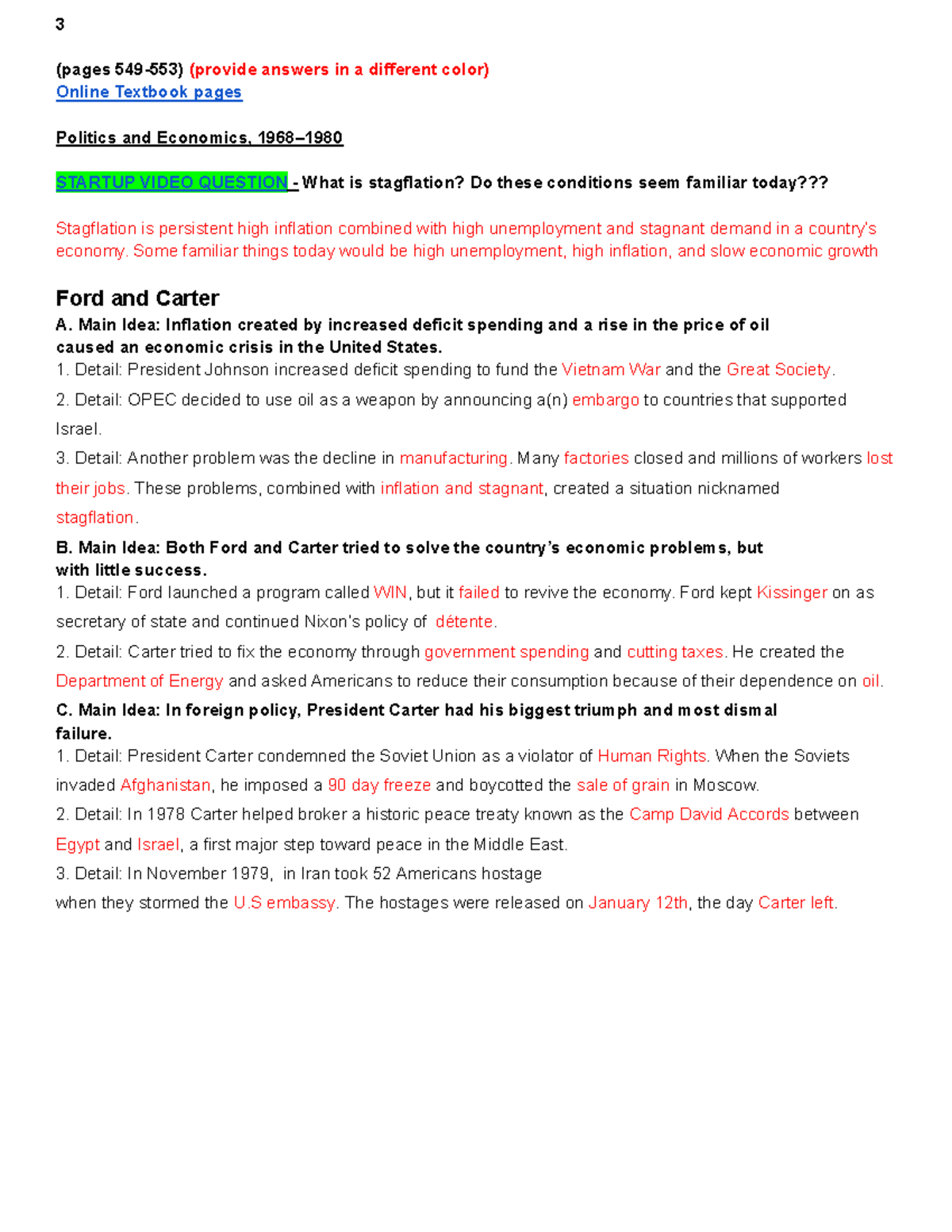 "Ford and Carter" Guided Reading - 3 (pages 549-553) (provide answers ...