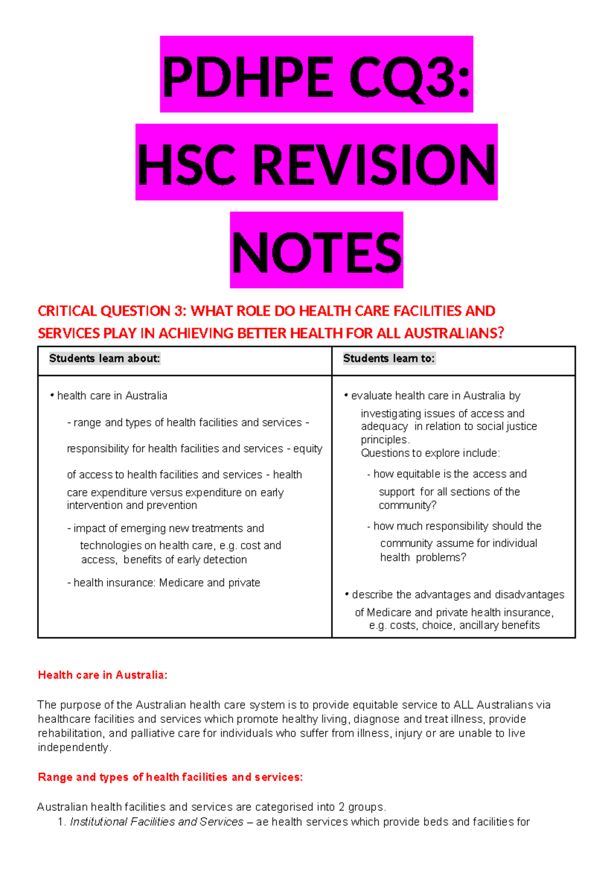 CQ3 HSC Revision Notes - PDHPE CQ3: HSC REVISION NOTES CRITICAL ...