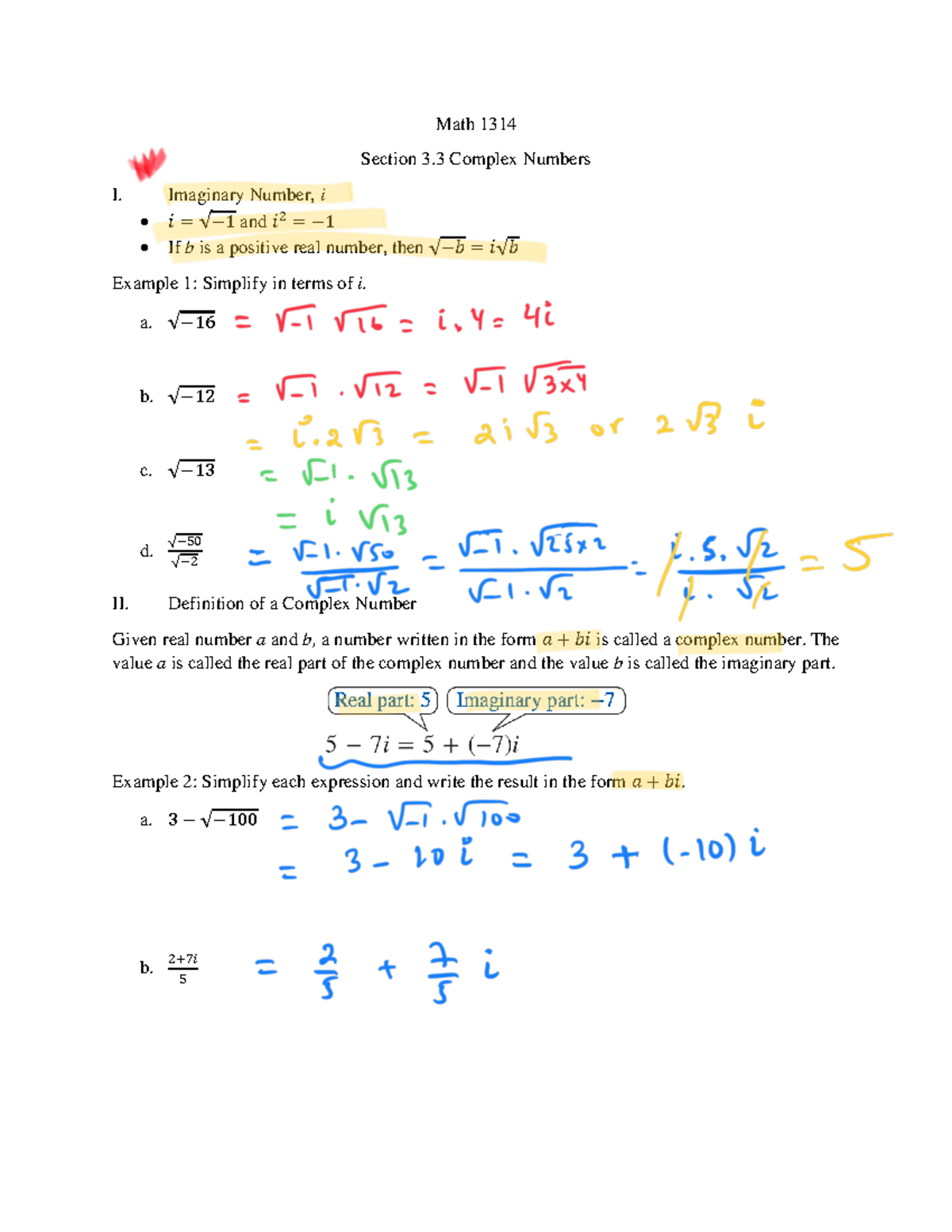 Section 3 - Math 1314 Section 3 Complex Numbers I. Imaginary Number, i ...