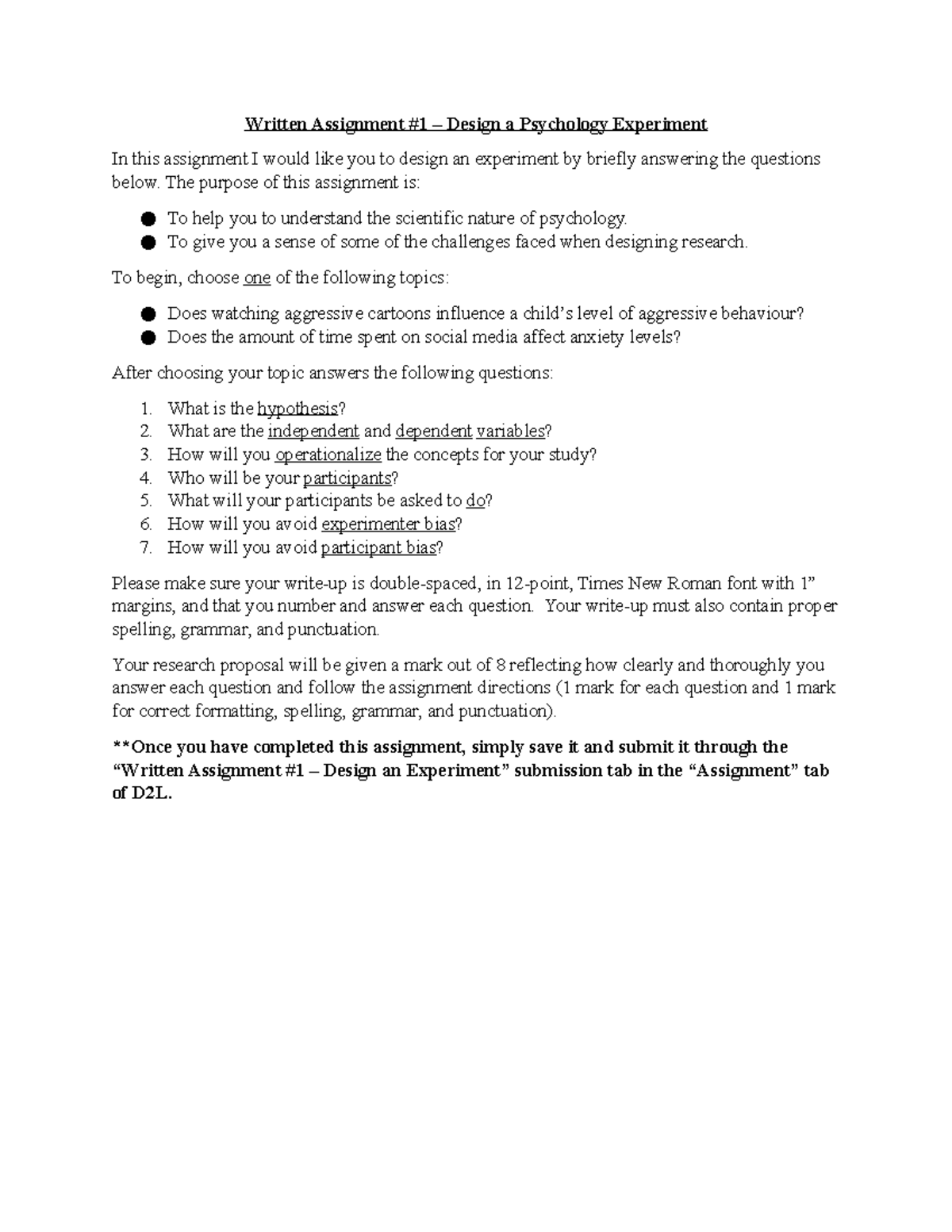 A1 Design a Psychology Experiment 1105 - Written Assignment #1 – Design ...