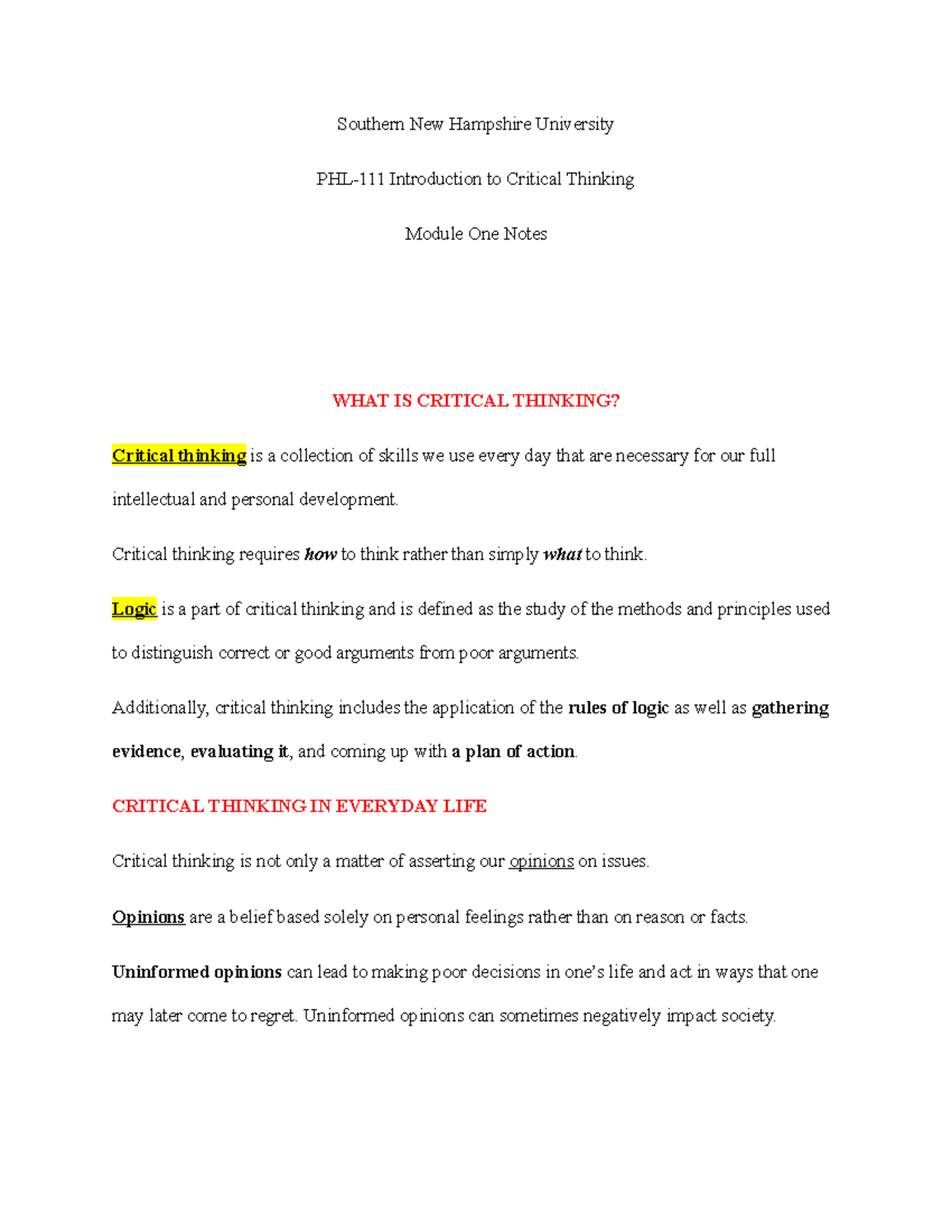 PHL 111 Module 1 Notes - Southern New Hampshire University PHL-111 ...