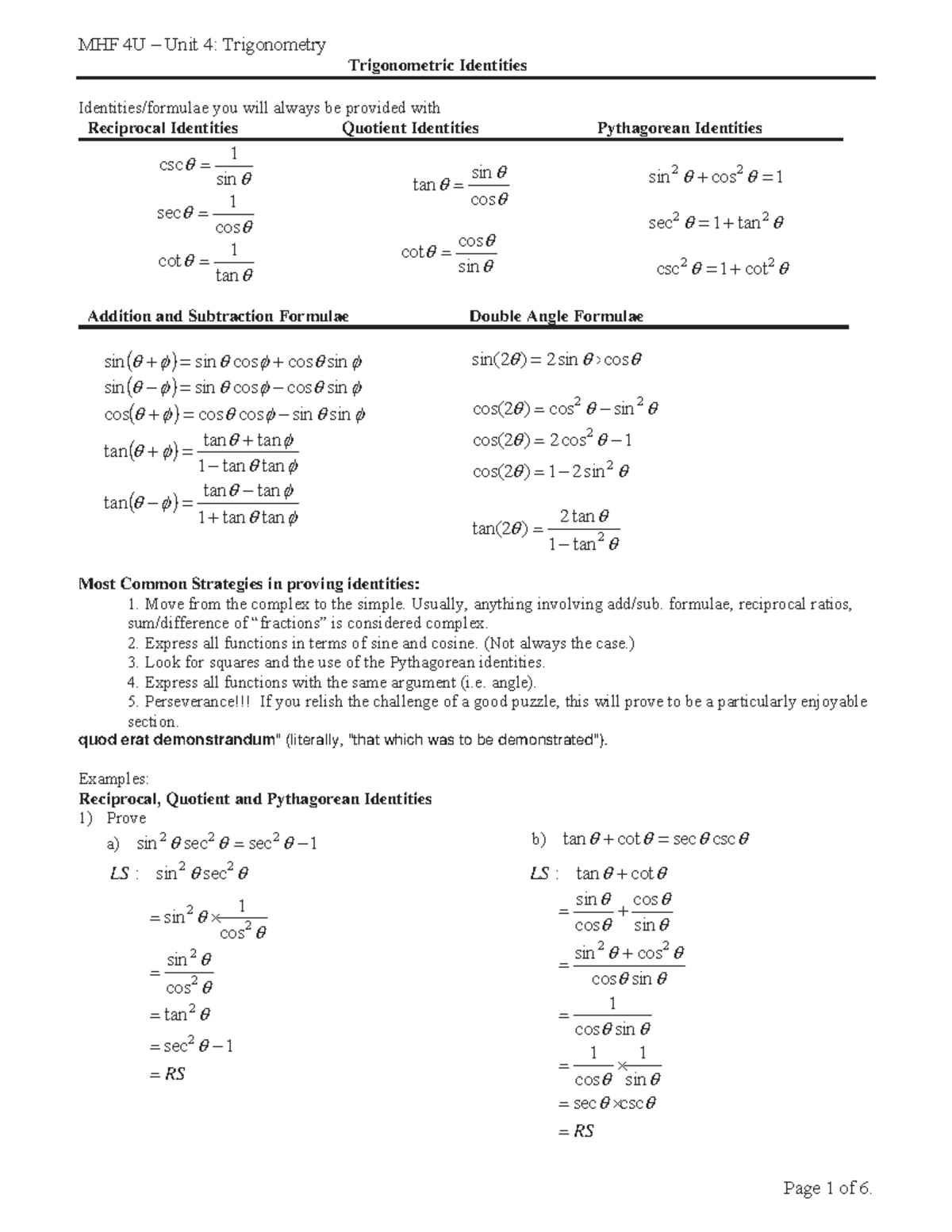 1 Trig Identities st - .njhj - MHF 4U – Unit 4: Trigonometry Trigonometric Identities - Studocu